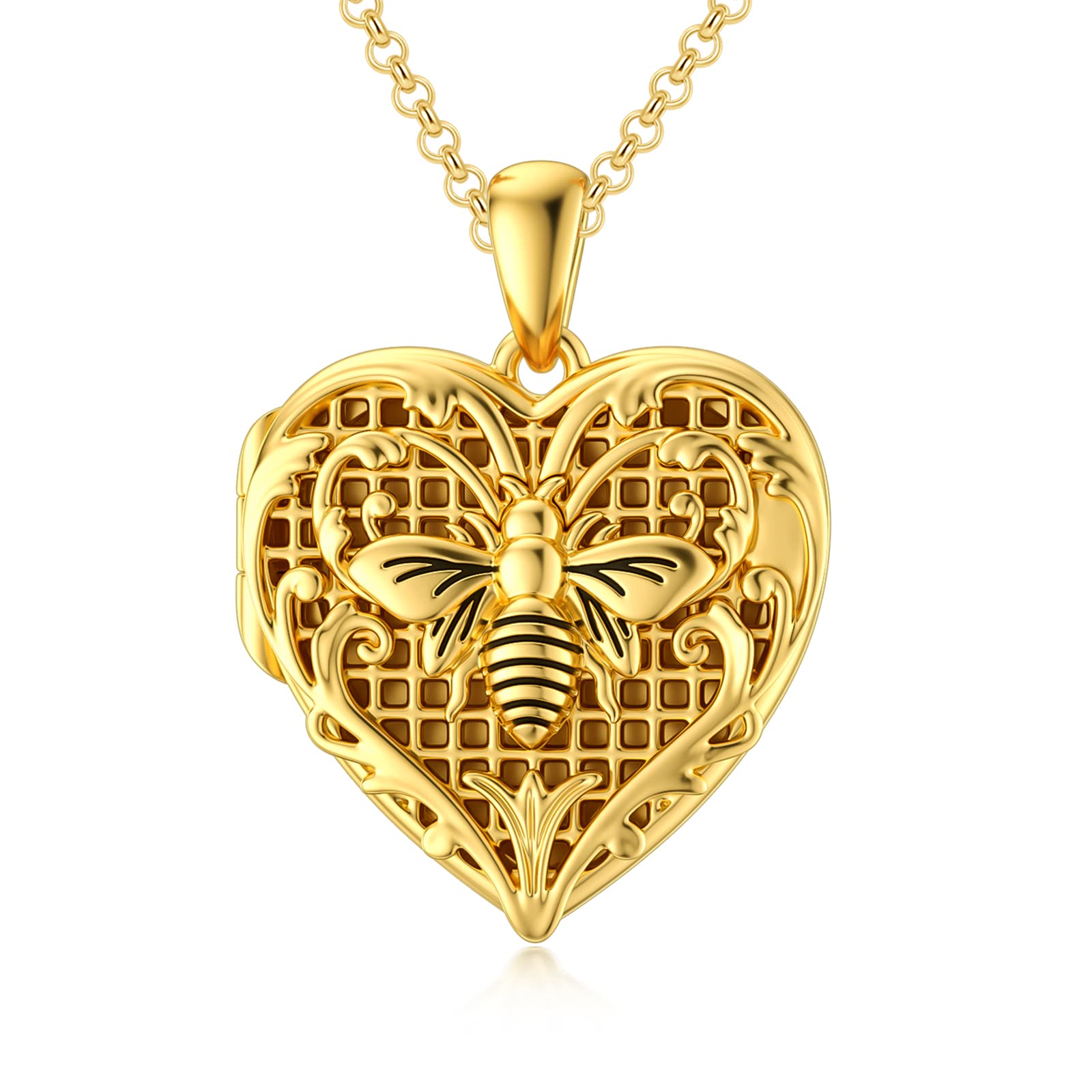SOULMEET 18K Gold Plated Heart Shaped Honeycomb Bee Locket Necklace That Holds 1 Picture, 20" (Locket only)