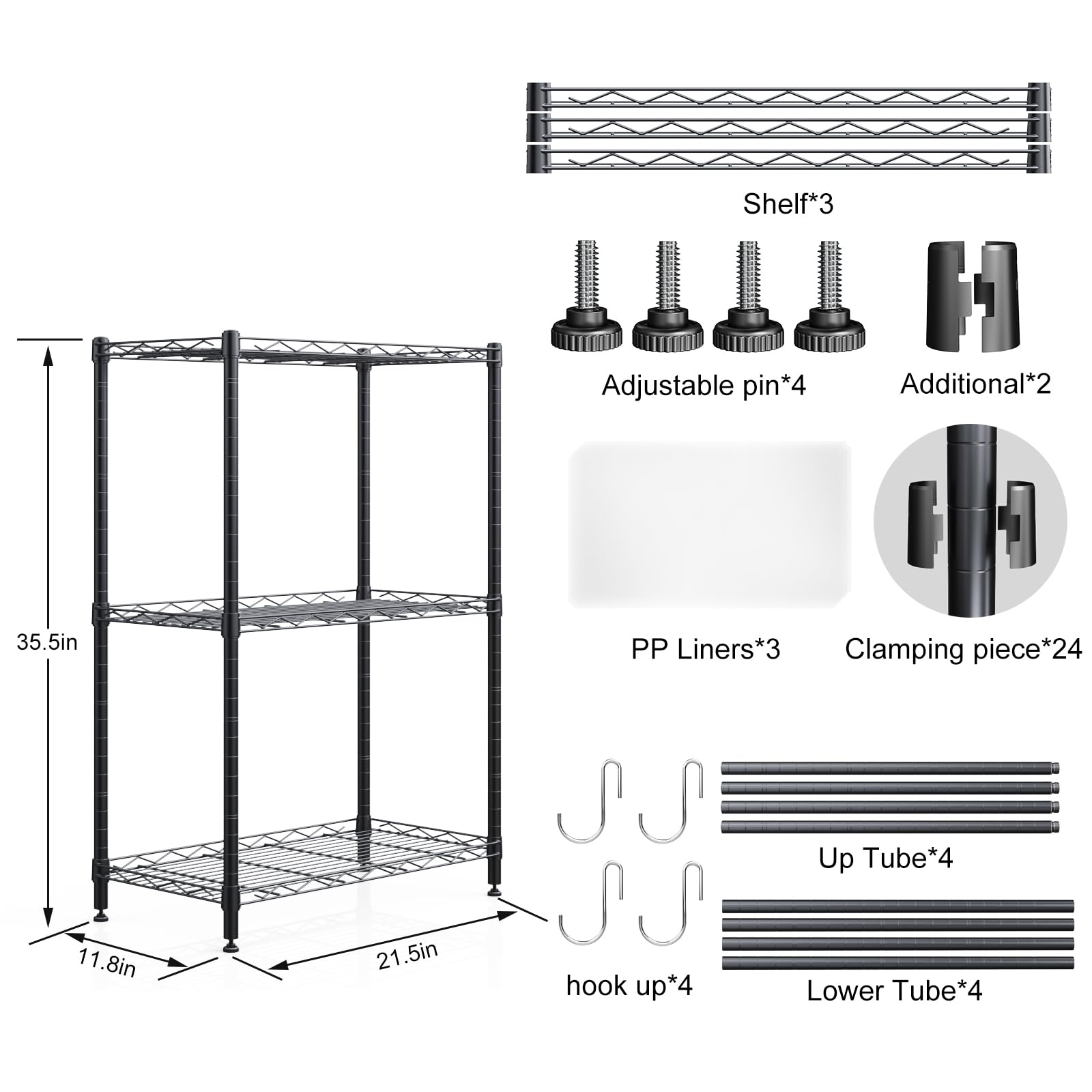 SsngygHme 3 Tier Shelves Storage, Wire Shelf Unit, Standing Adjustable Metal Shelves Organizer, Storage Racks for Restaurant Garage Pantry Kitchen Garage(Medium,11.8" W x 21.5" L x 35.5" H)