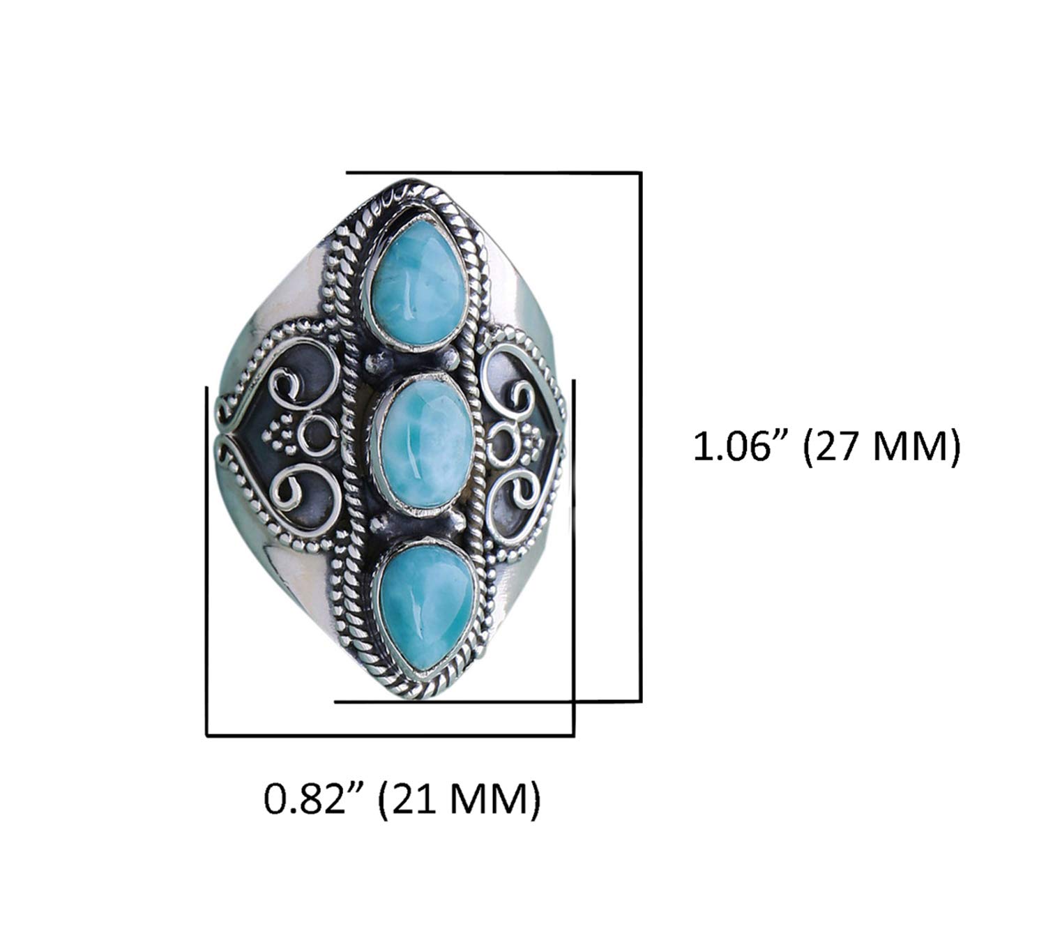 YoTreasure Natural Larimar Ring 925 Sterling Silver Rope Design Boho Three Stone Jewelry