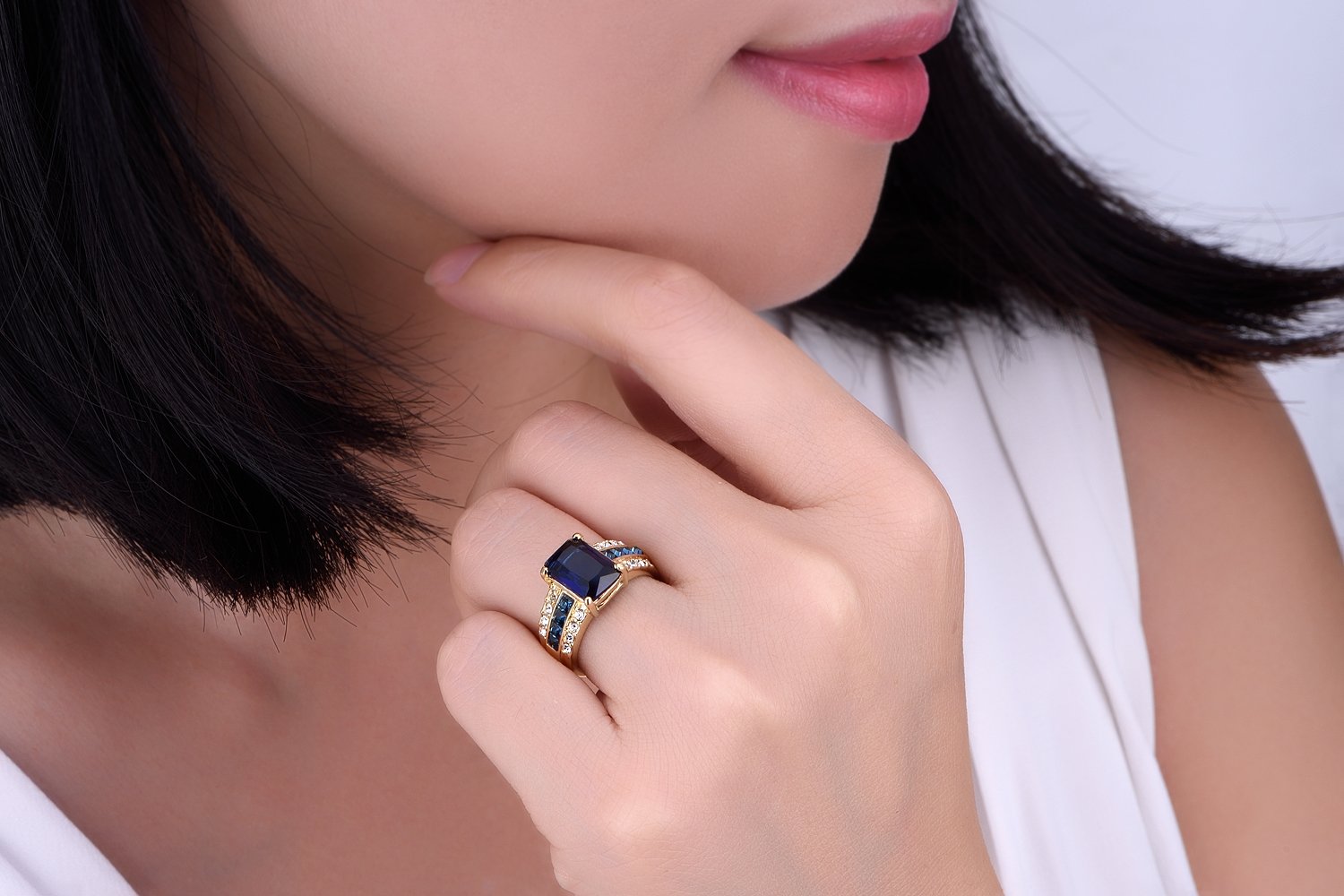 Yoursfs Sapphire Ring For Women Gold Plated Blue Square Stone Rings With Cubic Zirconia Jewelry