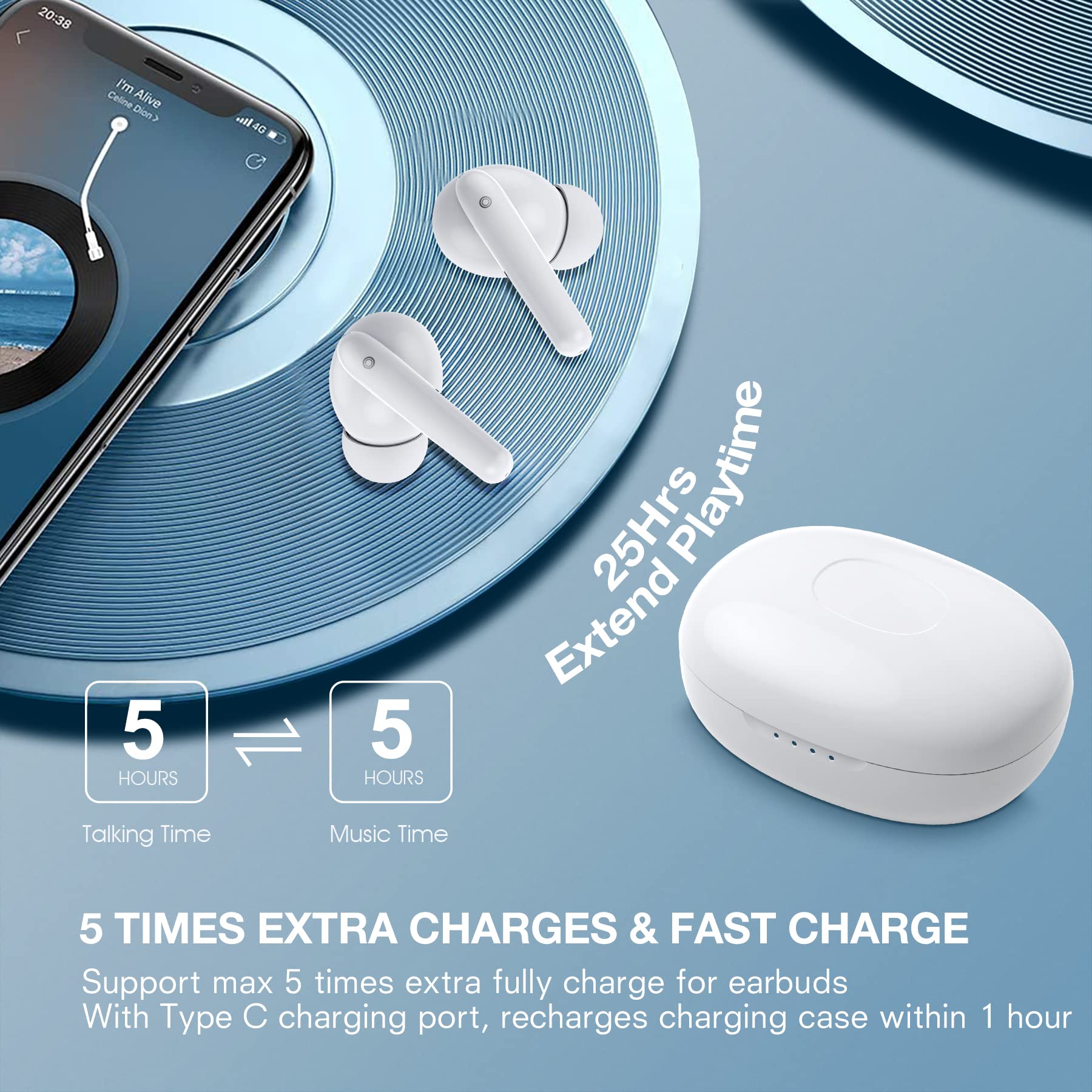 YW YUWISS Bluetooth 5.0 True Wireless Earbuds Touch Control with Charging Case Cordless in Ear Headphones IPX4 Waterproof with Noise Cancelling Mic for Apple iPhone Android Samsung (White)