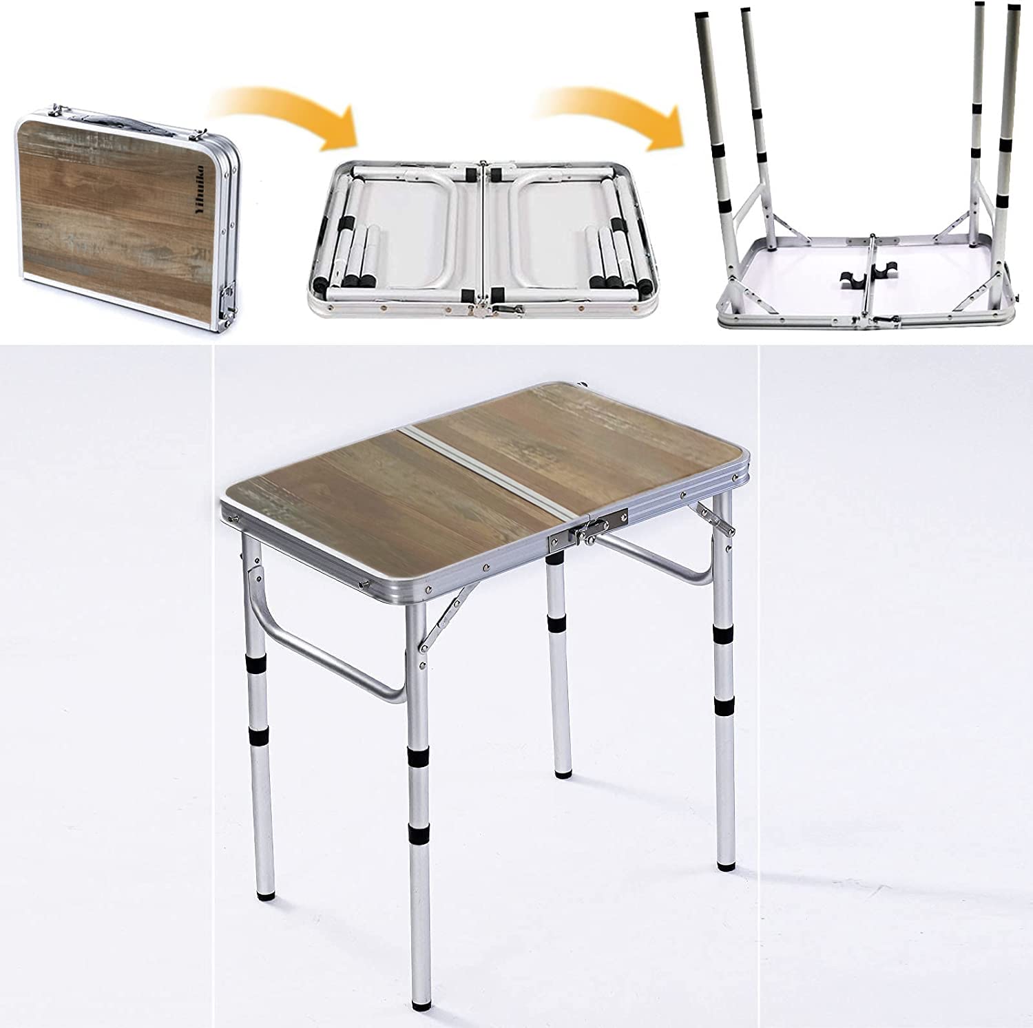 YihuiKo Small Folding Table,3 Adjustable Heights Foldable Table, Camping Table,Outdoor Folding Table with Storage Mesh Layer,Portable Table for BBQ,Patio,Garden and Indoor(Brown)
