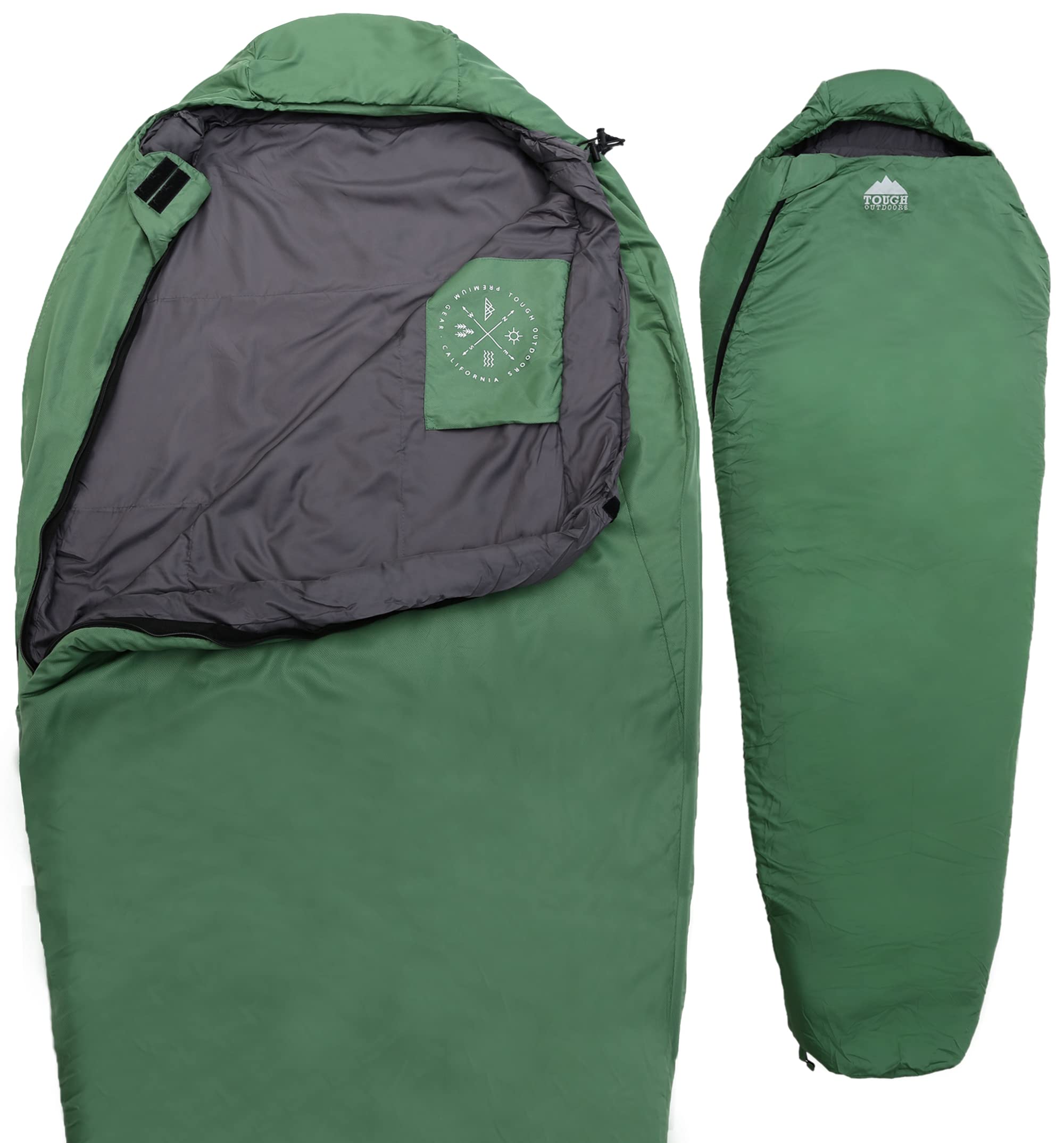 Tough Outdoors Mummy Sleeping Bag - Camping Sleeping Bags for Adults - Compact Sleeping Bag w/Compression Sack - Backpacking Sleeping Bag for Summer, Mild & Winter Weather - Hooded Sleeping Bag