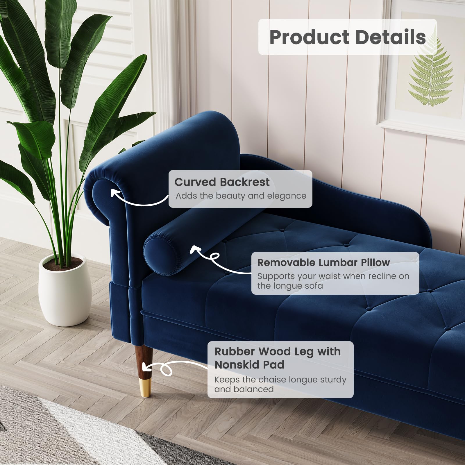 Vesgantti 59" Modern Velvet Chaise Lounge Indoor,Upholstered Lounge Chair with Left Armrest & Lumbar Pillow, Button Tufted Lounge Sofa for Living Room Bedroom Office,Tool-Free Assembly(Blue)