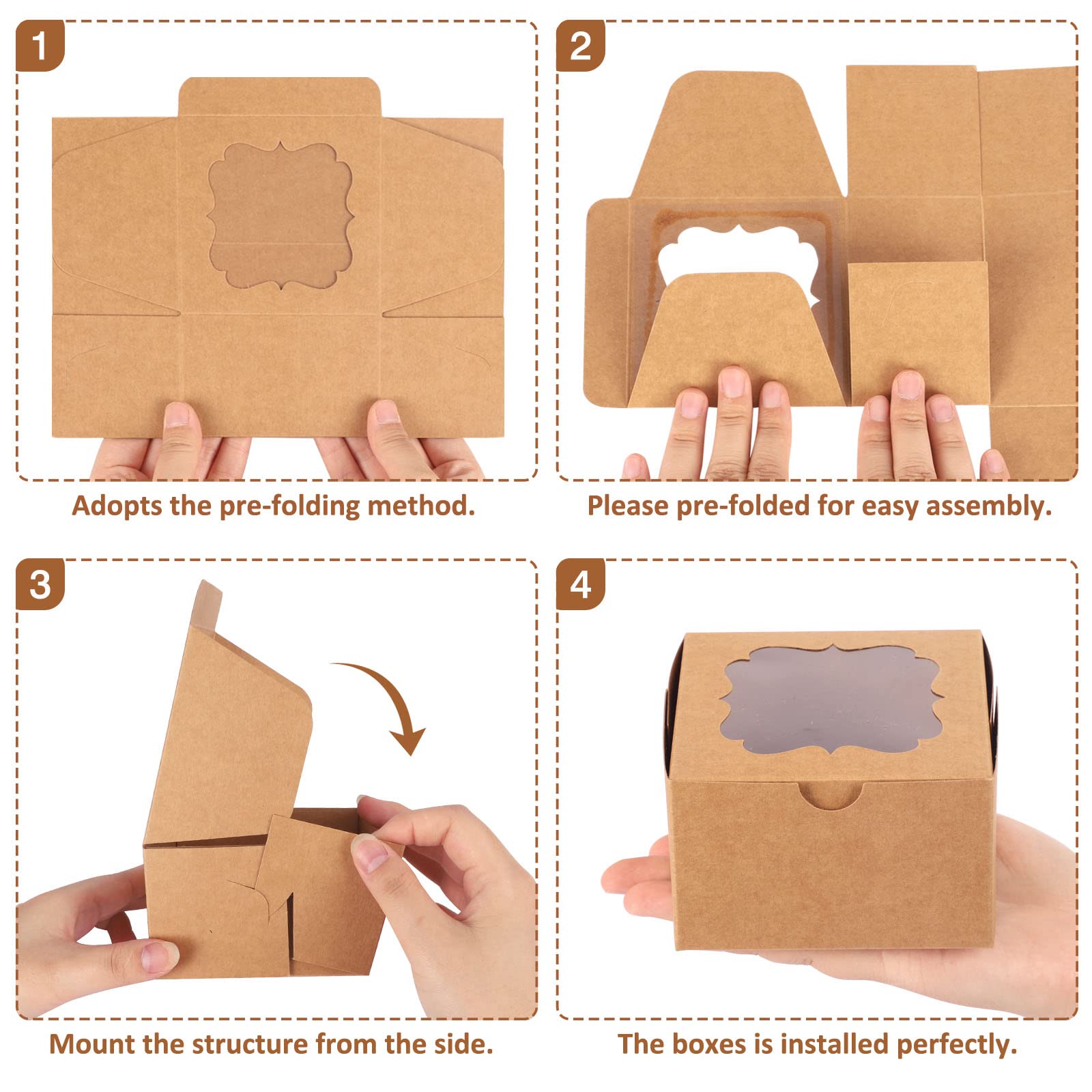 TOMNK 60pcs 4 Inches Brown Bakery Boxes Small Cookie Boxes Kraft Baking Boxes with 2 Style Windows for Strawberries Chocolate Dessert Treat Candy Donuts Mini Cake and Party Favor 4x4x2.5 Inches