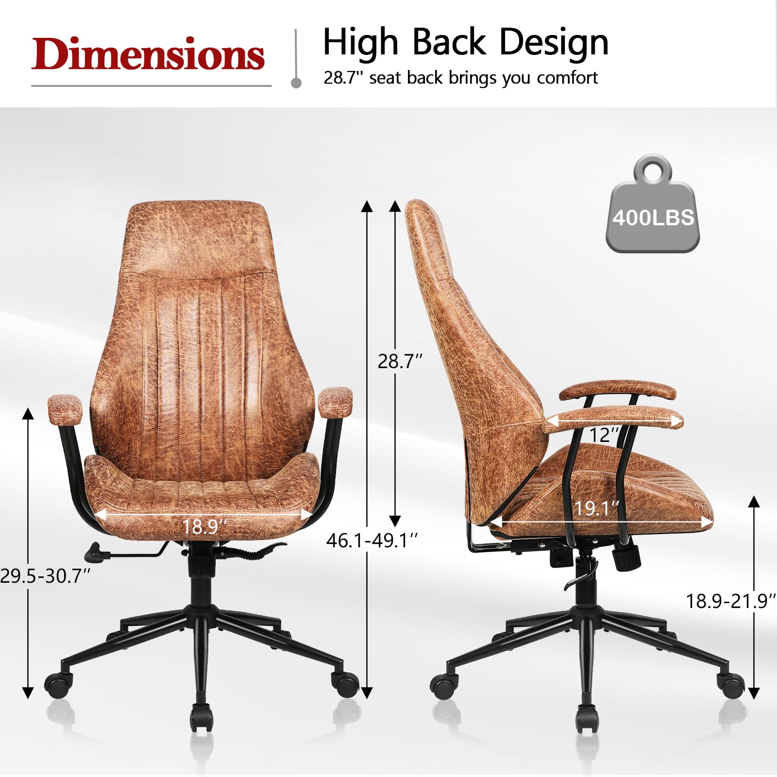 Waleaf High Back Office Chair 400lbs Modern Swivel Office Chair Leather Computer Chair, Height Adjustable Home Office Desk Chair with Lumbar Support, Suede Fabric Executive Task Chair