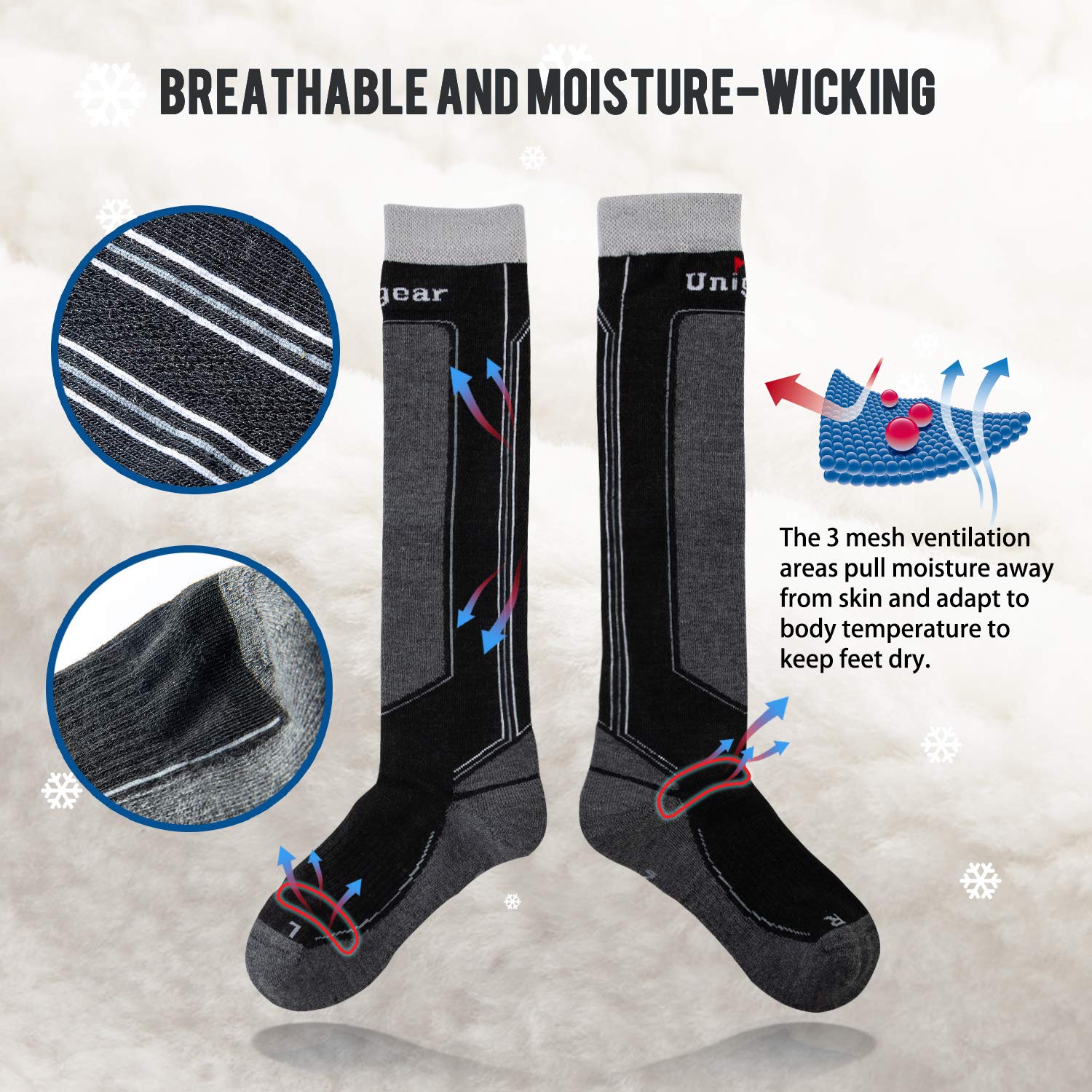 Unigear Ski Socks for Men Women, Merino Wool Warm and Soft Winter Socks for Skiing, Snowboarding Climbing and Cold Weather