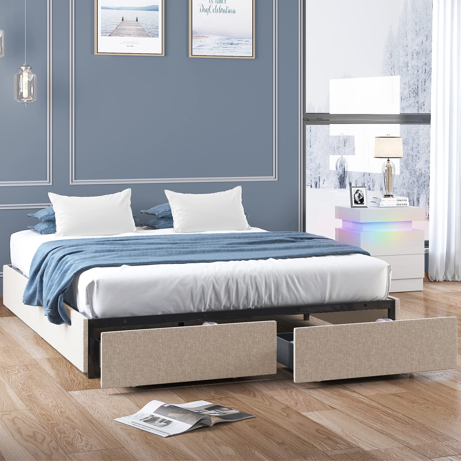 ZAFLY Cal King Size Bed Frame with Storage Drawers, Wood Slat Support Bed Frame, Linen Fabric Upholstered Platform Bed, Bed Frame with Large Storage Space Beige