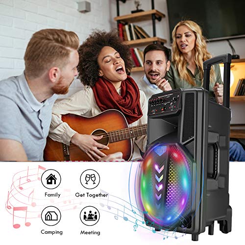 Wireless Karaoke Speaker System with 12'' Subwoofer, Kacsoo Outdoor Portable Bluetooth PA Speaker System with 2 Karaoke Microphones, DJ Lights, FM Radio, MP3/BT/TF Card, AUX Interface, Remote, Black
