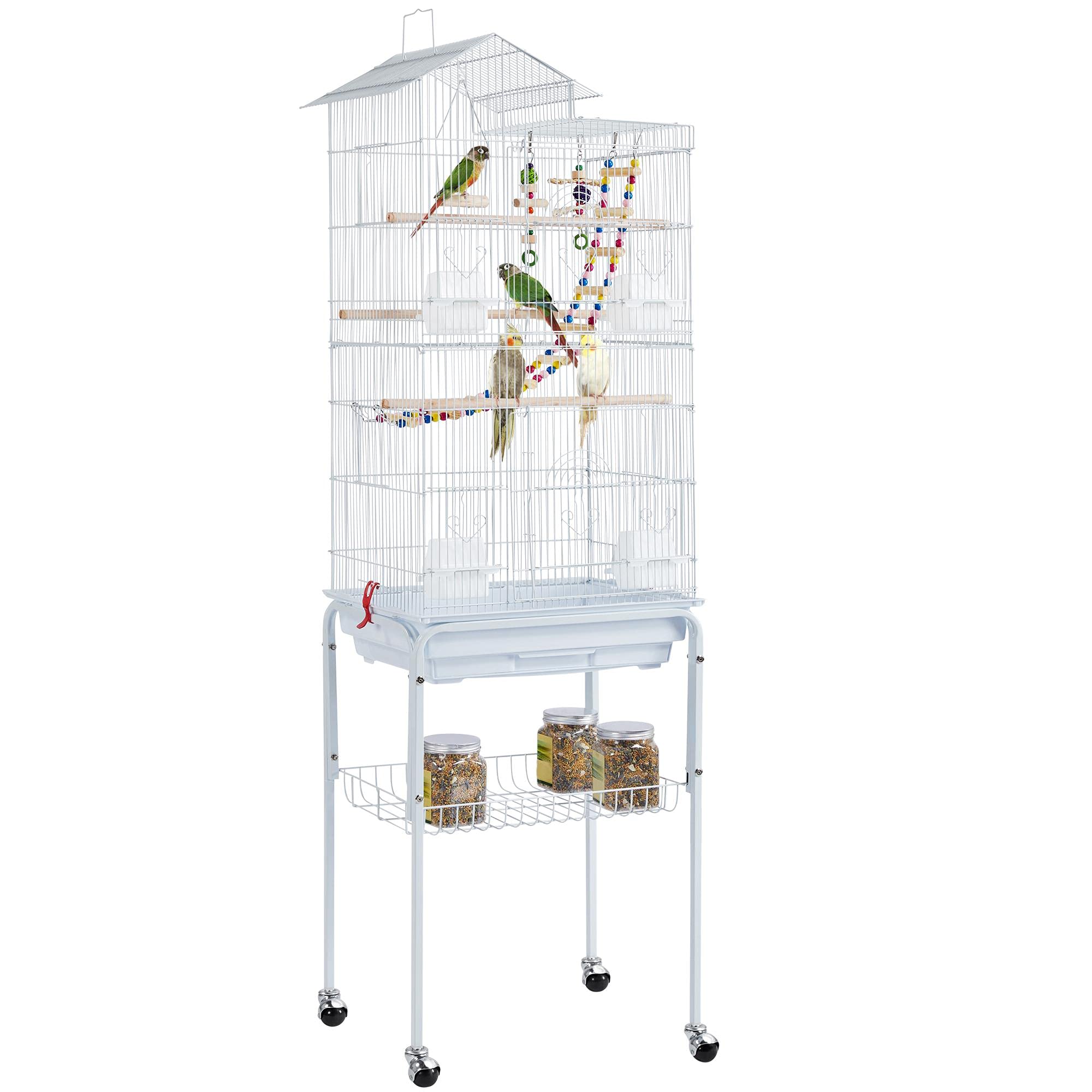 Yaheetech 62.4-inch Roof Top Flight Bird Cage for Parakeets Cockatiels Conures Finches Lovebirds Canaries Budgies Small Parrots, Large Birdcage with Detachable Rolling Stand, White