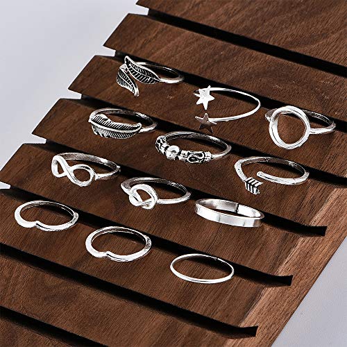 Xerling 12Pcs Women Vintage Silver Ring Set Wave Star Feather Bowknot Knuckle Ring Set Aesthetic Stacking Rings for Women and Girls Teens