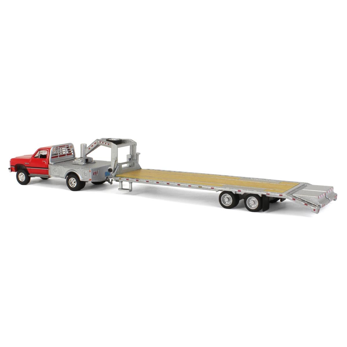 Truck 1/64 1992 Dodge Ram 1st Generation Red with Silver Flatbed & Silver Gooseneck Trailer 51387-B