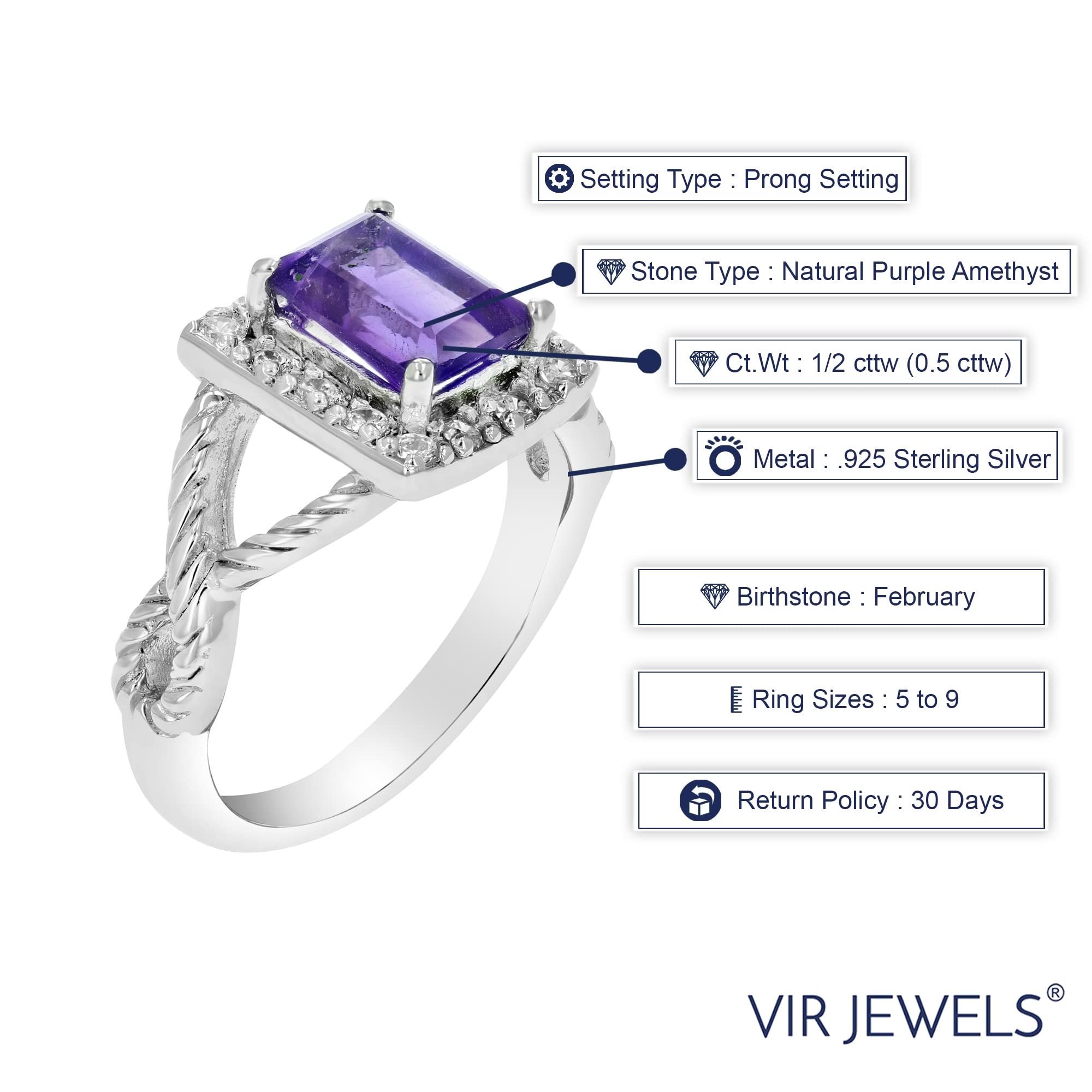 VIR JEWELS 1/2 cttw Purple Amethyst Ring .925 Sterling Silver with Rhodium Emerald 7x5 MM Size 5