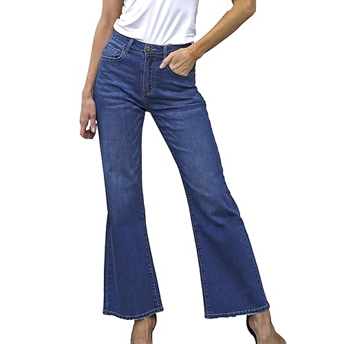 vet-ixioh Womens Bell Bottom Jeans Button Waist Flared Jean Pants Classic Basics Bootcut Denim Pants Slim Trousers Blue