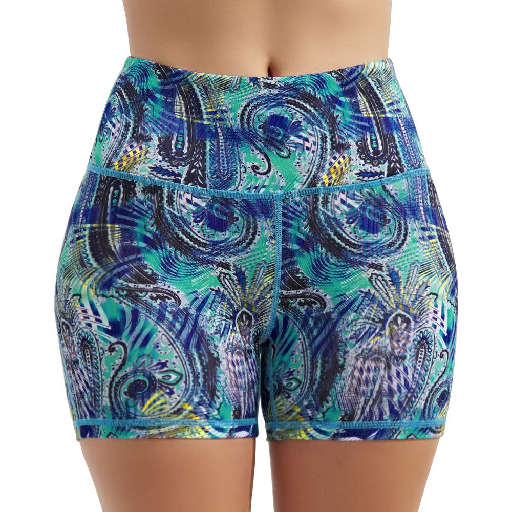 Zengjo High Waist Yoga Shorts 4 Inch Printed(Peacock Tail,S)