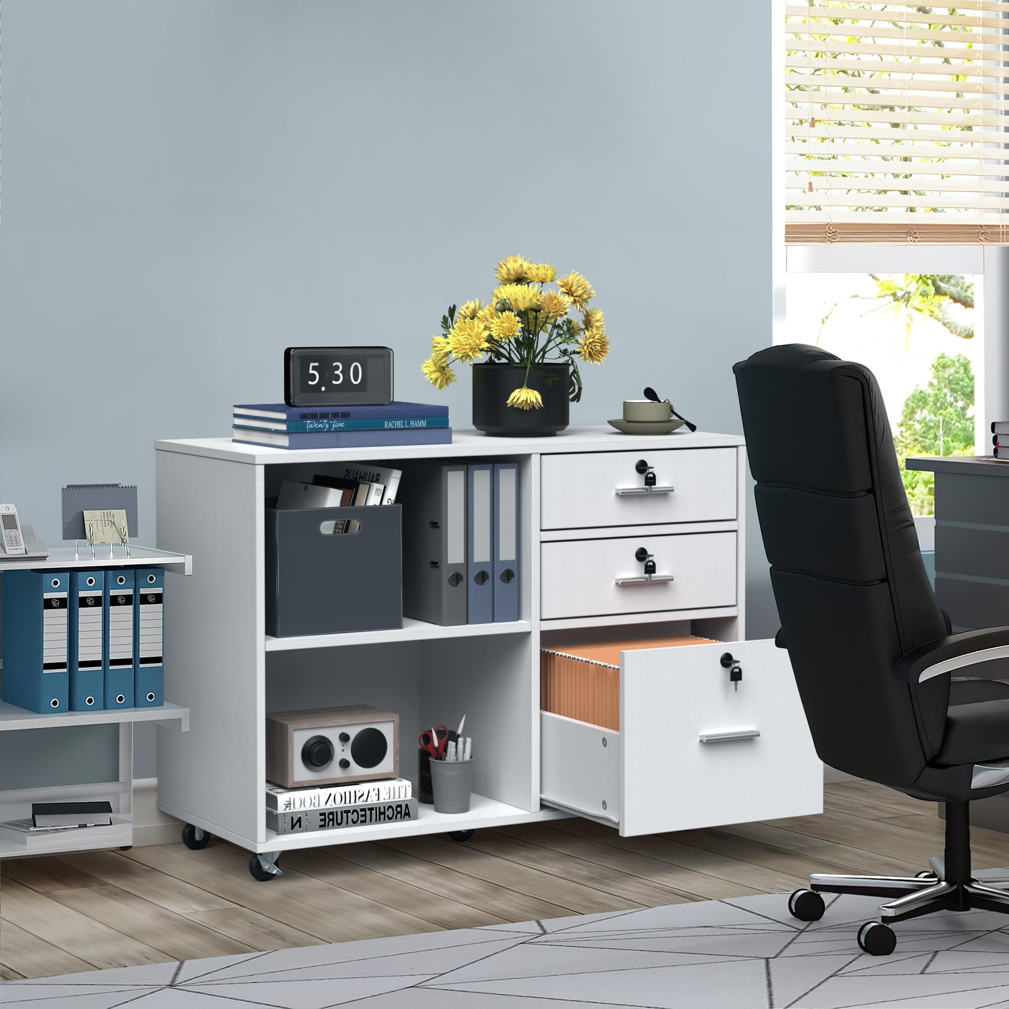 YITAHOME 3 Drawer Wood Lateral File Cabinet, Mobile Filing Cabinet for Letter/A4 Size, Storage Cabinet Printer Stand with 2 Open Shelves for Home Office Organization,White