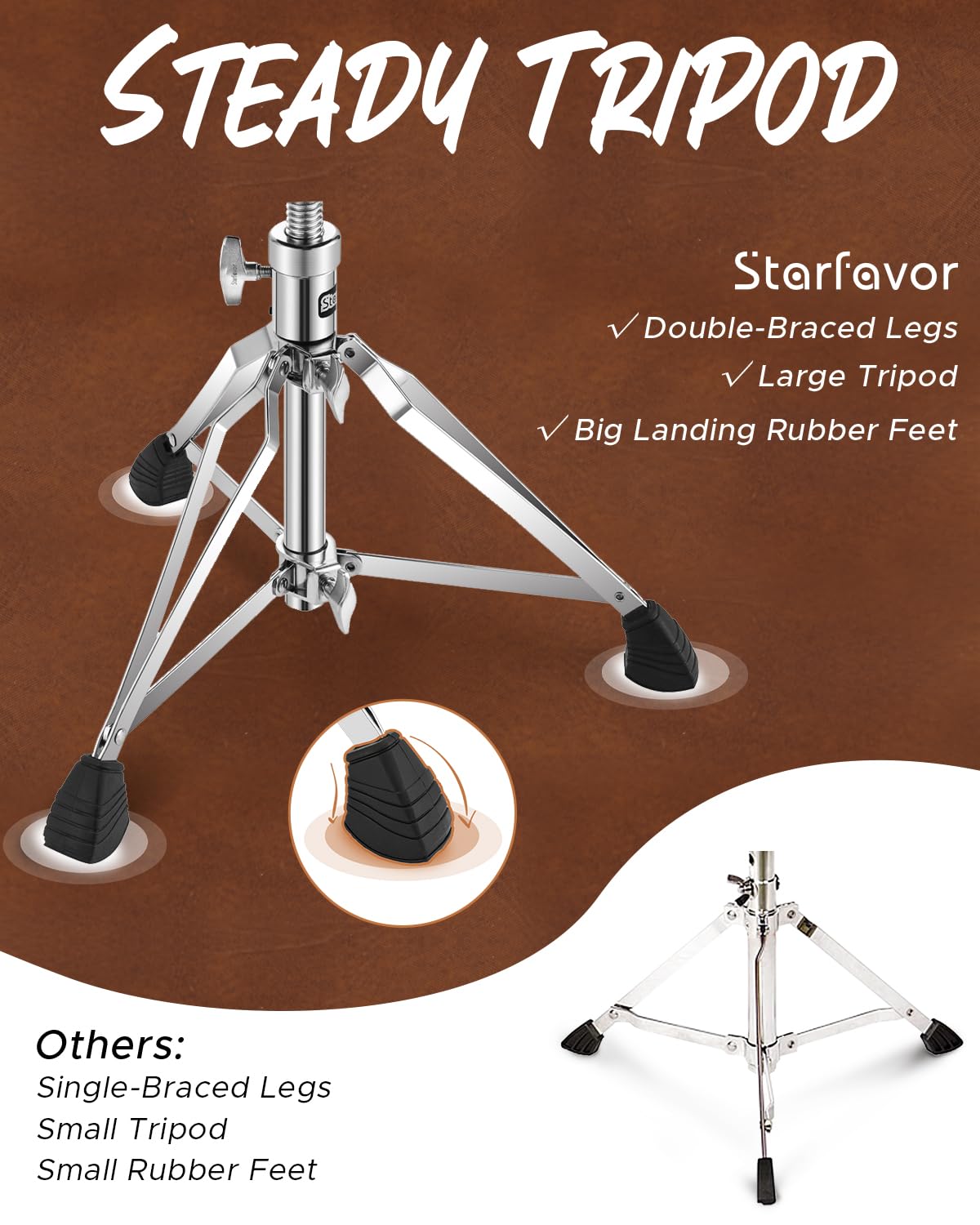 Starfavor Drum Throne Height Adjustable Padded Seat Drum Stool, with Double Braced Anti-Slip Feet Swivel Drum Chair, Butt Shape, Brown, ST-550BR