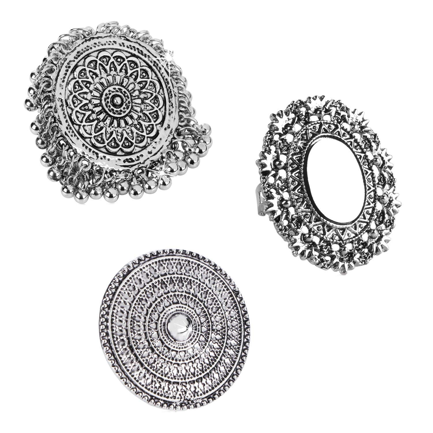 Yellow Chimes Designer Artistic Crafted Indian Bollywood Style Mirror Worked Oxidized Silver Combo of 3 Traditional Party Ware Adjustable Rings Indian Traditional Jewelry for Women from