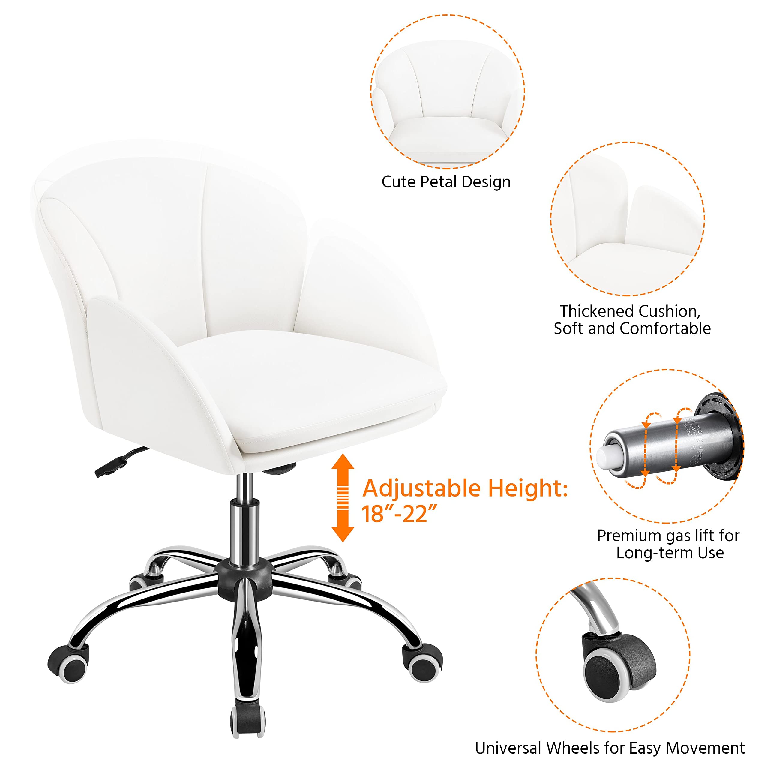 Yaheetech Cute Petal Desk Chair Home Office Swivel Upholstered Leather Makeup Vanity with Armrests for Bedroom Modern Computer Rolling Women White