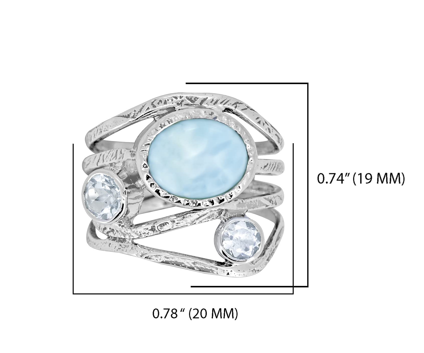 YoTreasure Natural Larimar Blue Topaz 925 Sterling Silver Antique Three Stone Bypass Ring