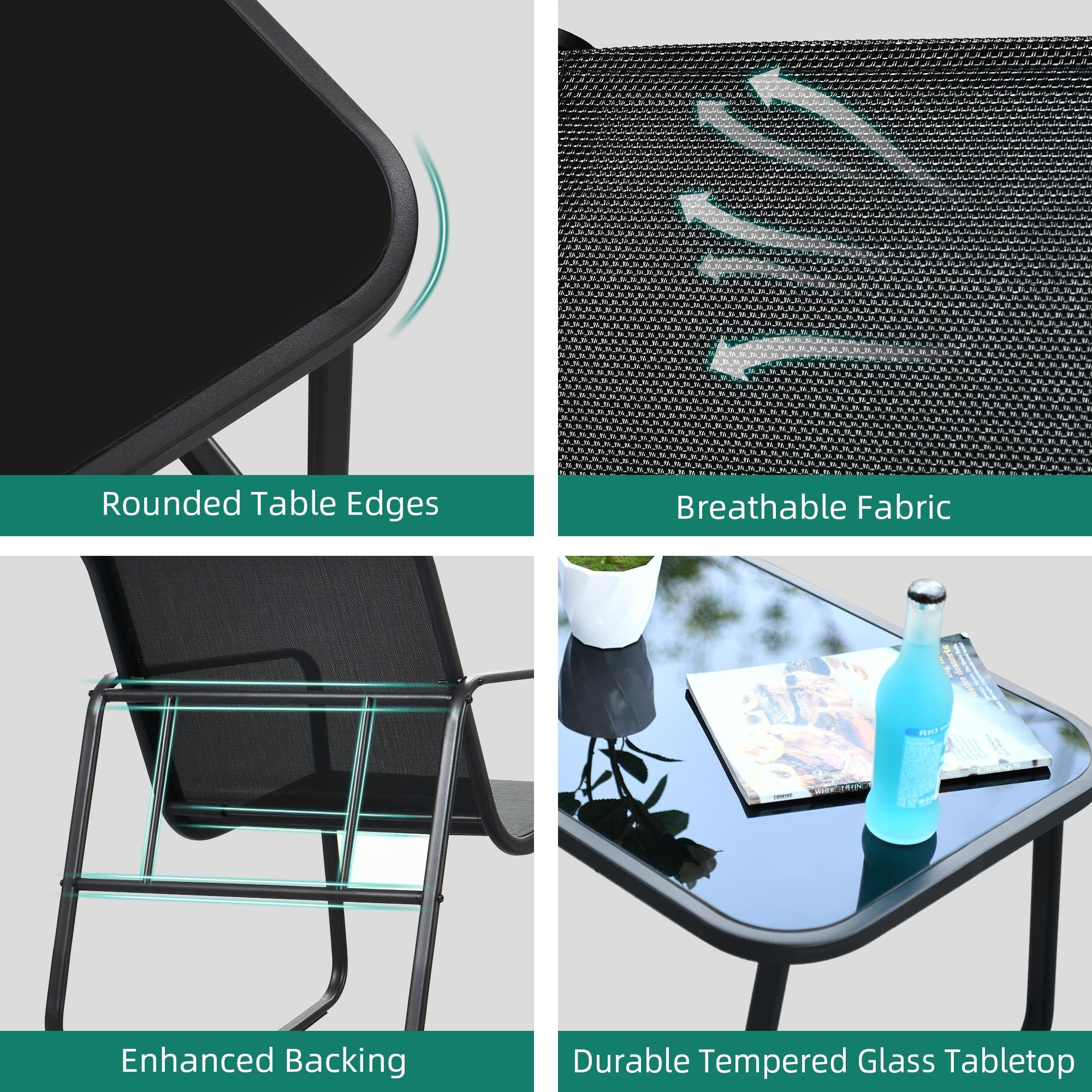 YITAHOME 4 Piece Patio Furniture Set, Small Backyard Bistro Rocking Chairs, Loveseat and Glass Table, Textilene Outdoor Conversation Set for Lawn, Garden, Balcony, Poolside (Black)