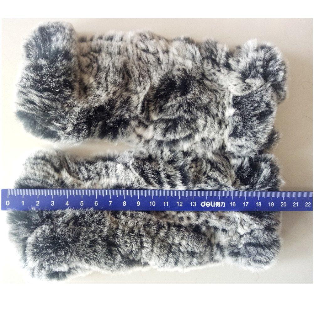Valpeak Womens Rabbit Fur Winter Mittens Knitted Fingerless Gloves(Snowtop Black)