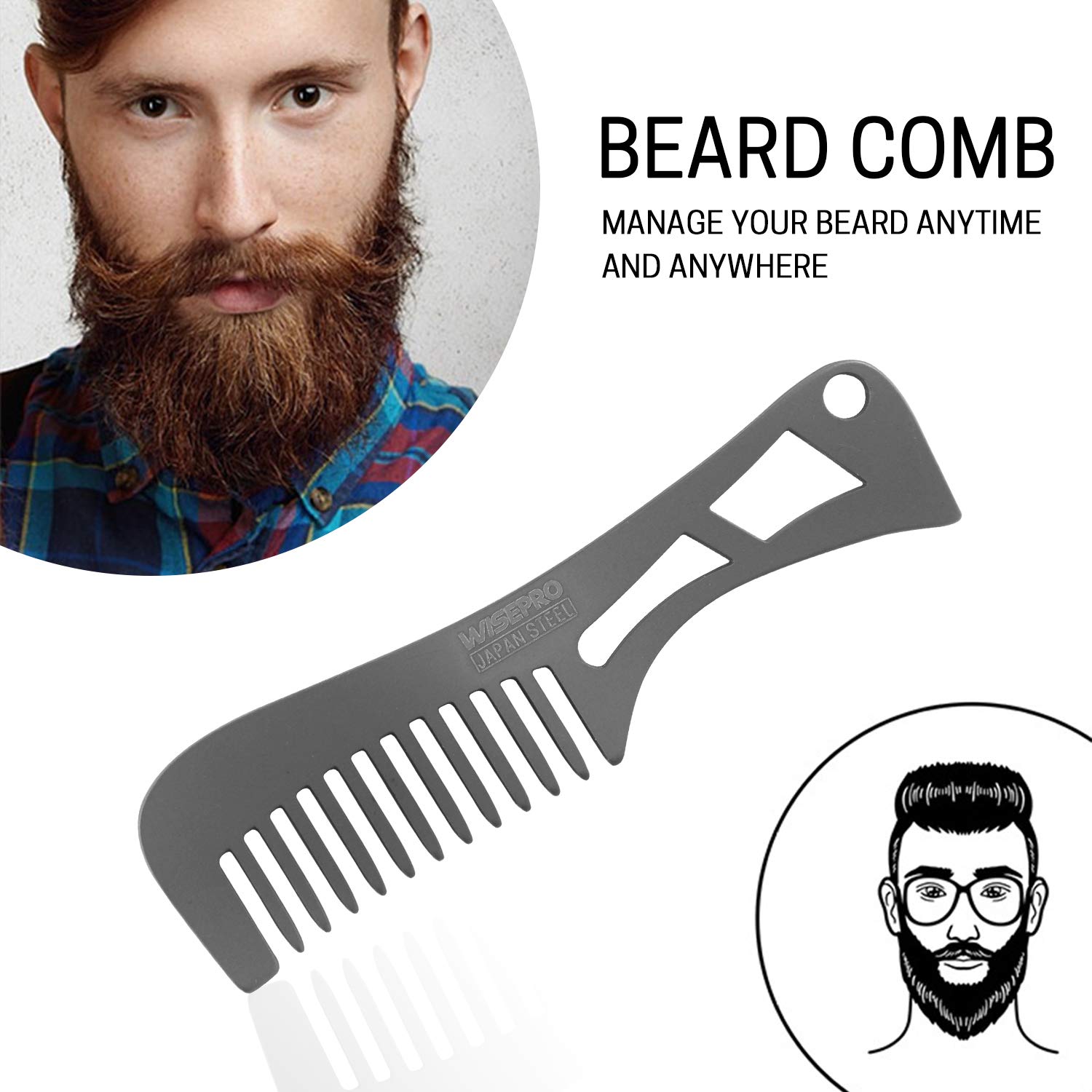 WISEPRO Beard Mustache Comb Fine Toothed Beard Comb Keychain Comb,Suitable For Beard Care Facial Hair Grooming(Black Beard Hollow)