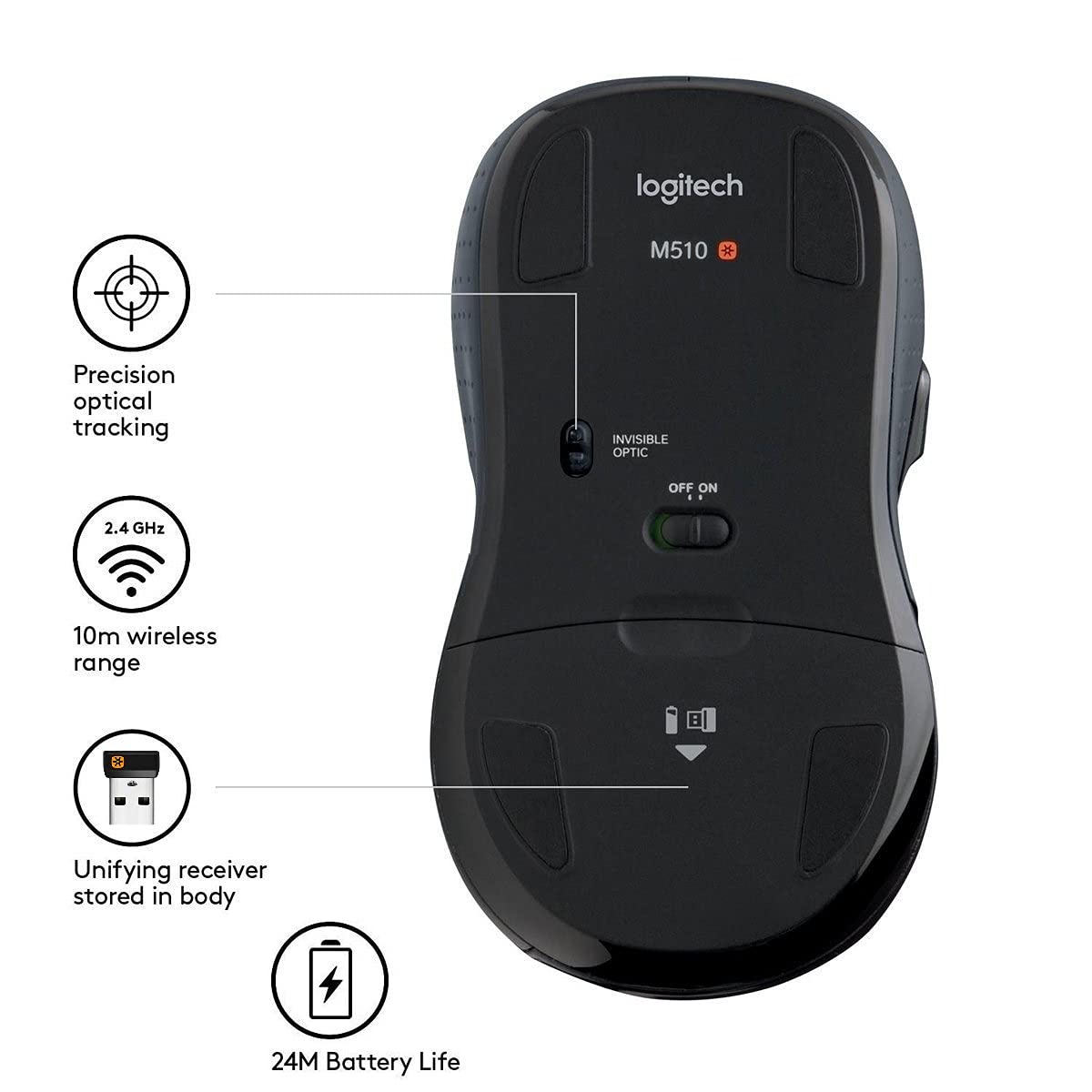 Vexko Bundle Logitech Mouse M510 Wireless Computer with USB Unifying Receiver Ergonomic Mouse Pad with Gel Wrist Rest (Black)