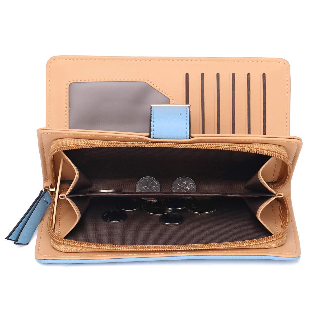 Women's Long short Leather Money Clip Card Case Holder Purse Zipper Buckle Elegant Clutch Wallet(pair) (Blue Large)