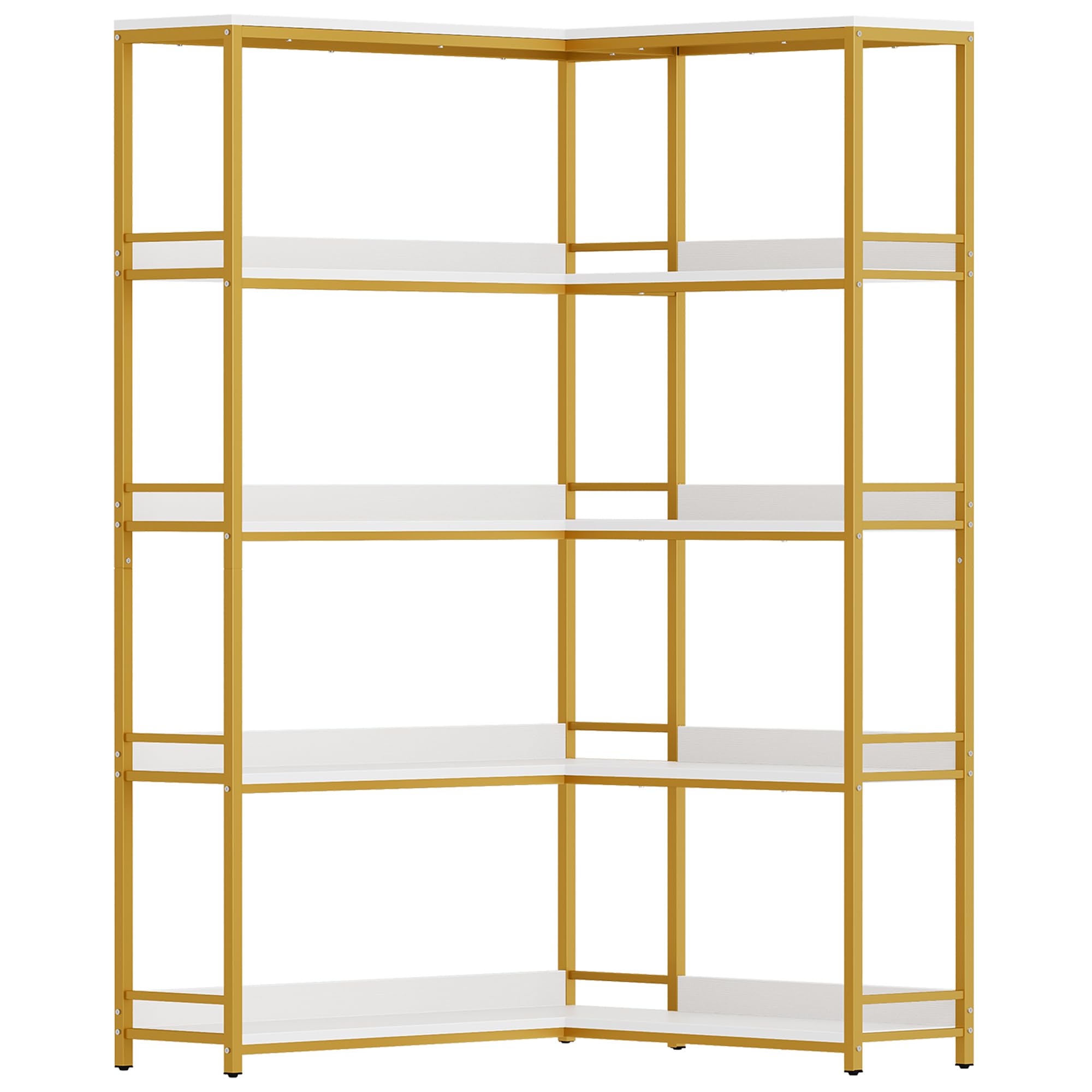 YITAHOME 5 Shelf Bookcase Large Gold Bookshelf, 5 Tier Open Corner Bookshelf, 71" Tall Modern Display Rack Storage Shelves for Living Room, Bedroom, Home Office, Kitchen, White & Gold