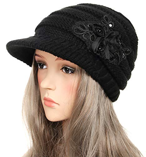 YSense Womens Hats Winter Beanie with Brim Warm Cable Knit Newsboy Cap Visor with Sequined Flowerisor/ Flower,A-Black