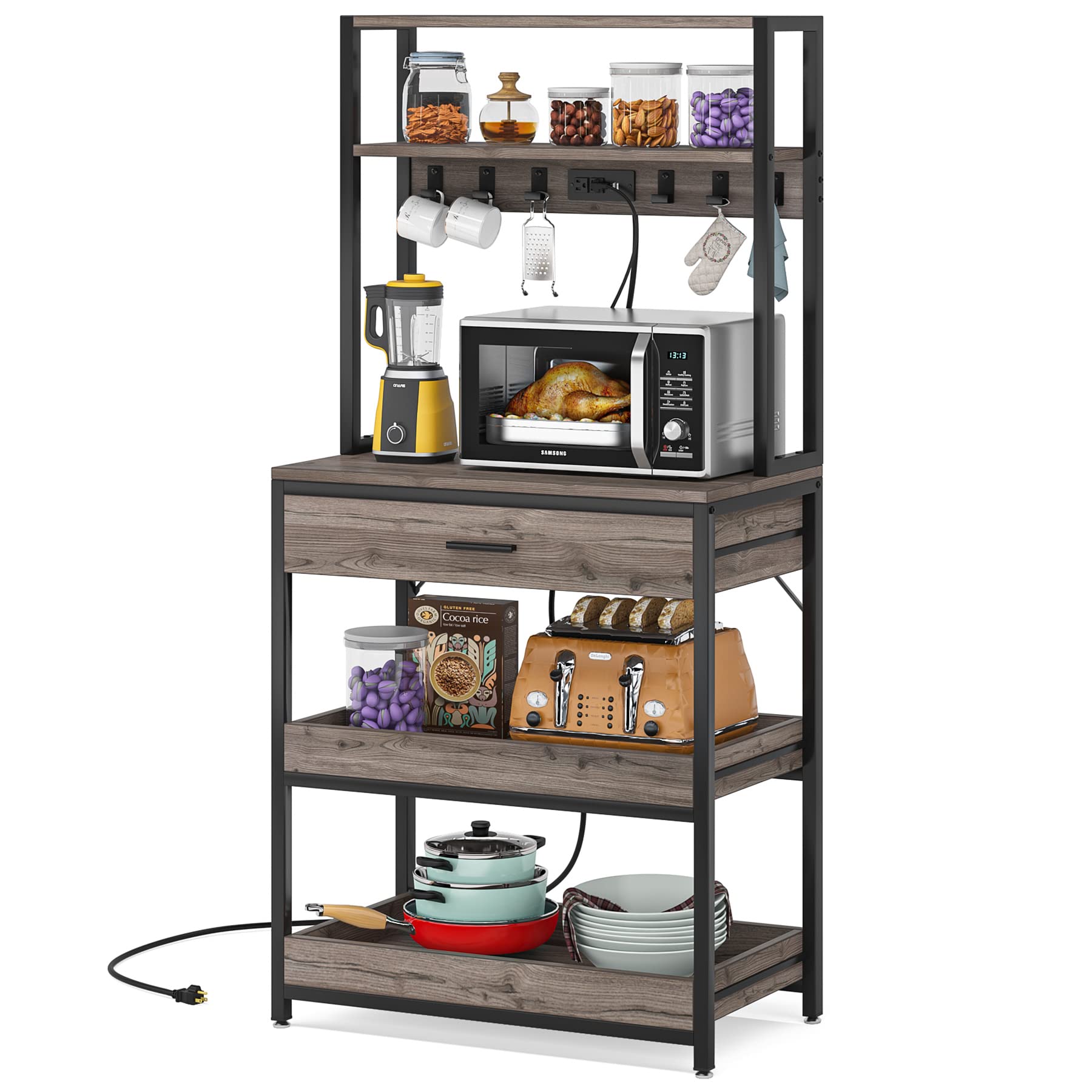 Tribesigns Kitchen Bakers Rack with Power Outlets, 5-Tier Microwave Oven Stand with Drawer and Sliding Shelves, Freestanding Coffee Bar, Kitchen Storage Shelf Organizer with 6 Hooks, Grey