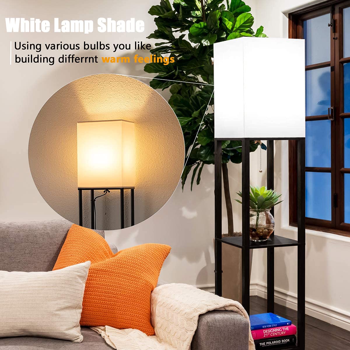 Wishwill Floor Lamp with Shelves, Modern Standing Shelf Lamp with 3 CCT LED Bulb and White Shade for Living Room Bedroom and Office-Black