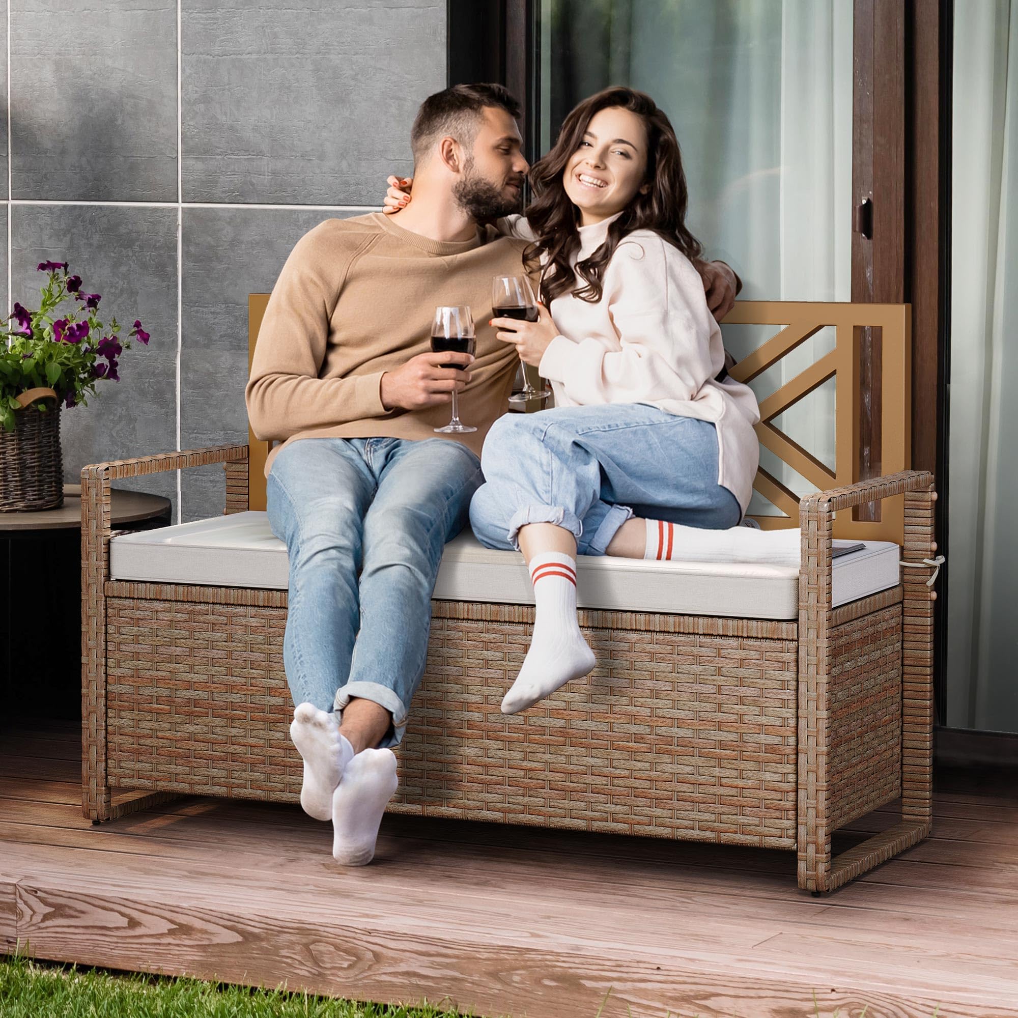 YITAHOME 70 Gallon Outdoor Storage Bench, All-Weather PE Rattan Deck Box Bench, Storage Seating Box for Outdoor Cushions, Pool Storage and Garden Tools - Teak