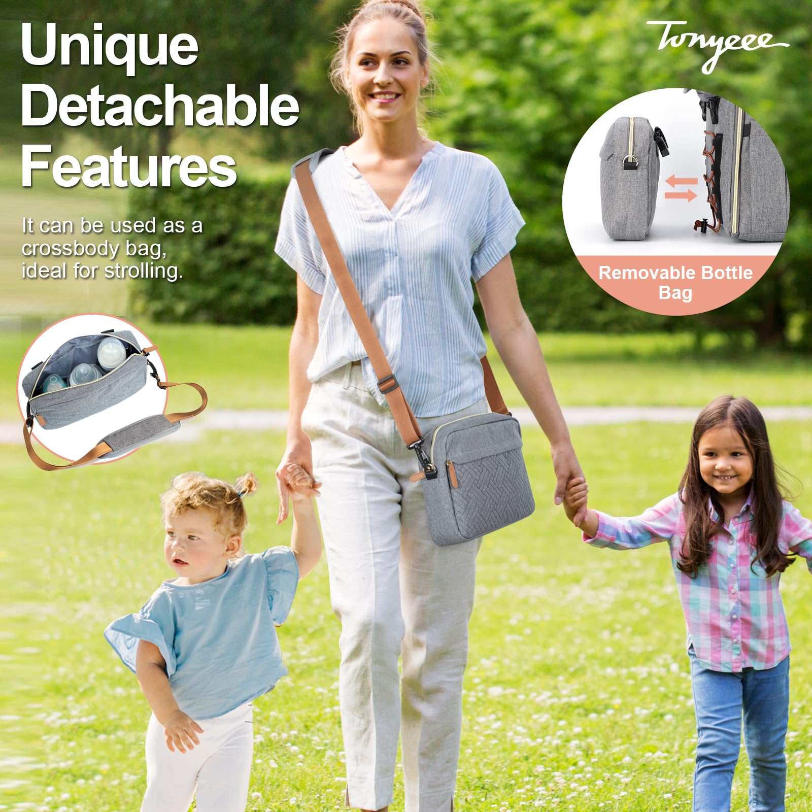 Tonyeee Diaper Bag Backpack- Removable Cross Body Bottle,Travel Essentials Baby Bag with Extras Cooler Bag and Changing Pad,Stylish Nappy Bag-Grey