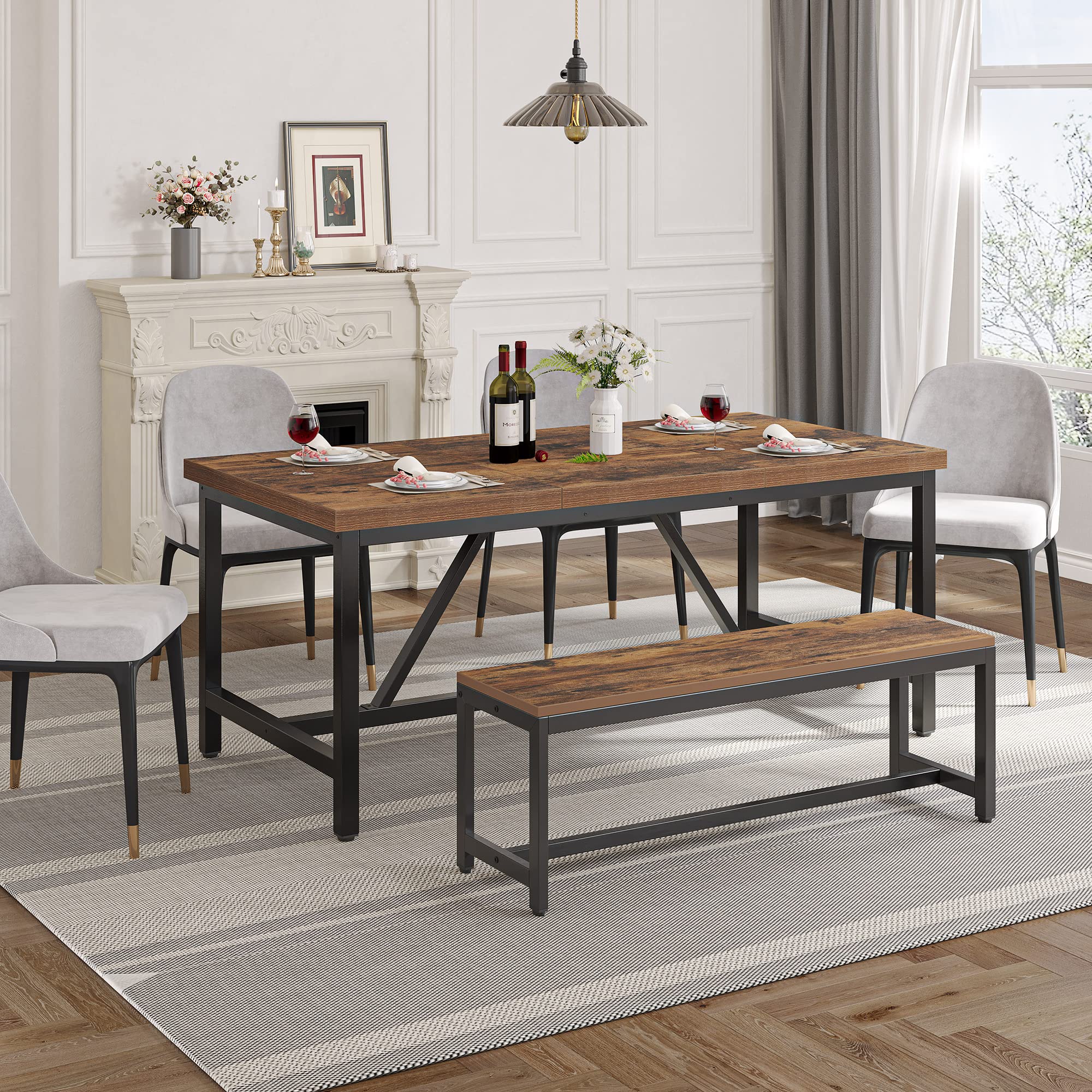 YITAHOME 70.8" Large Kitchen Dining Room Table for 6-8 People, Rustic Brown Farmhouse Industrial Wood Style Rectangle Apartment Dinning Room Dinette Tables for Eating Dinner
