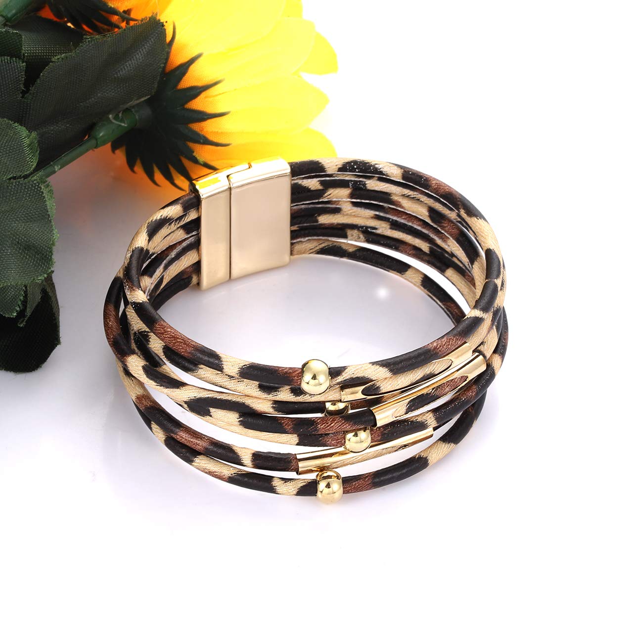 ZOLEAROPY Statement Leopard Jewelry Set For Women Multi Leopard Leather Wrap Bracelet Teardrop Leather Earrings Long Tassel Round Pendant Necklace Set