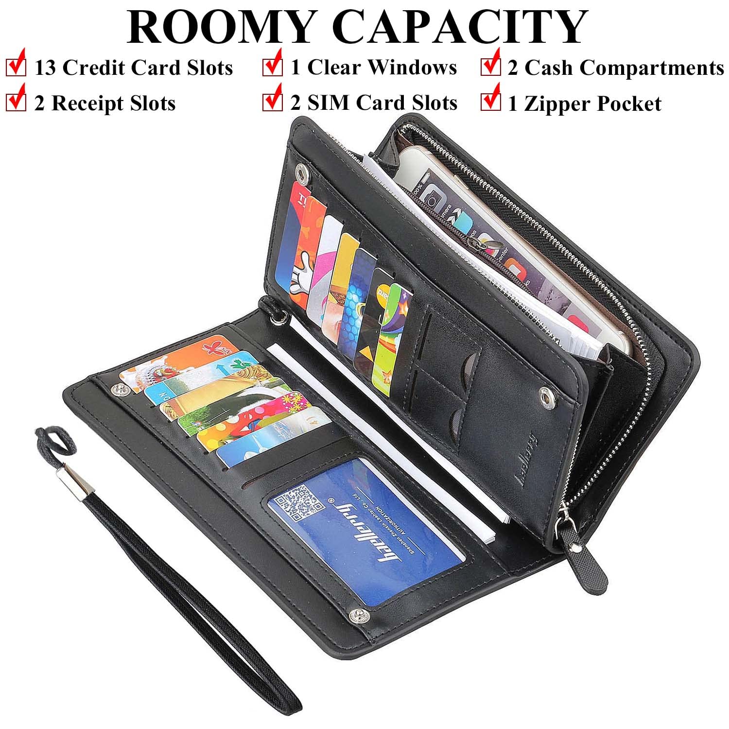 Women’s Long PU Leather Wallet with Credit Card Holders Money Organizer Zipper Purse Wristlet Handbag (A Black)