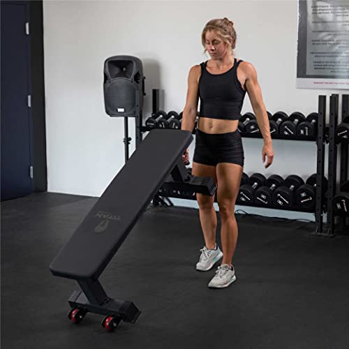 Titan Fitness Flat Weight Bench, Rated 1,000 LB, Wheels Handle, International Competition Standards