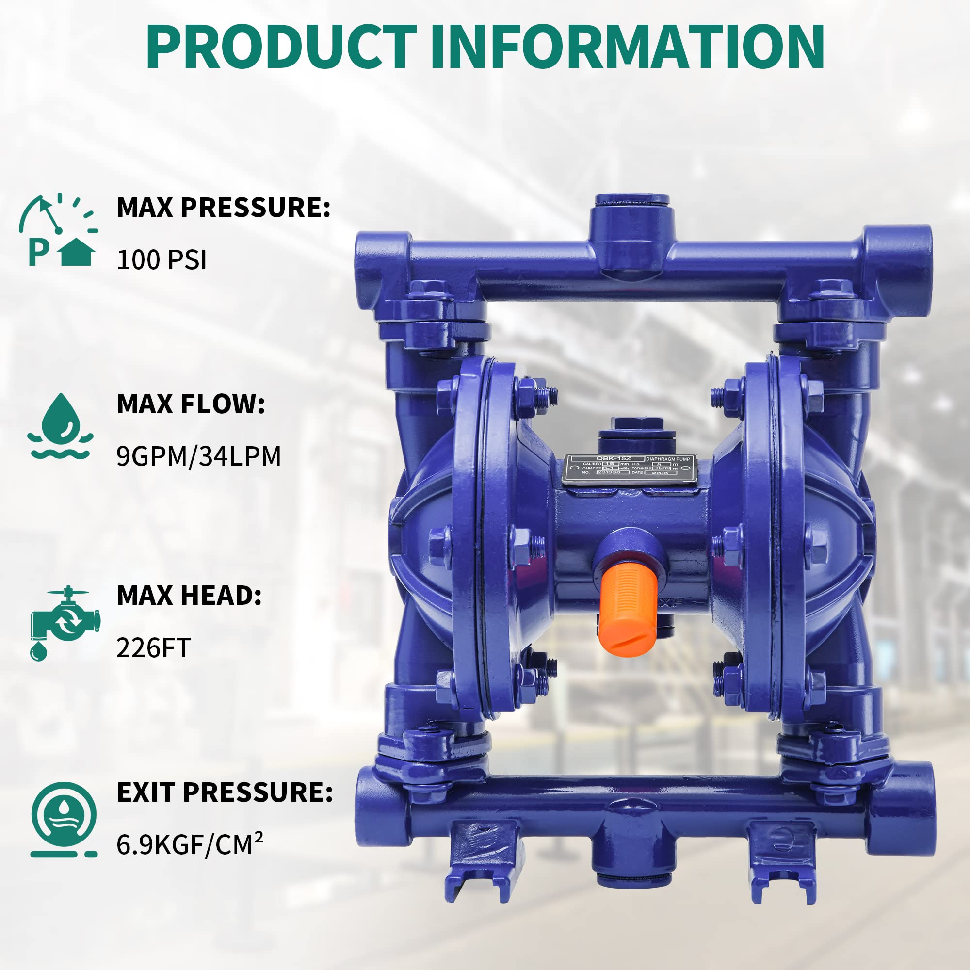 YITAHOME Air Operated Double Diaphragm Pump Comes with an Extra Set of Diaphragms QBK-15 1/2 inch Outlet 9 GPM Max 100 PSI Nitrile Rubber, Cast Iron Diaphragm Pump for Diesel, Grease, Oil