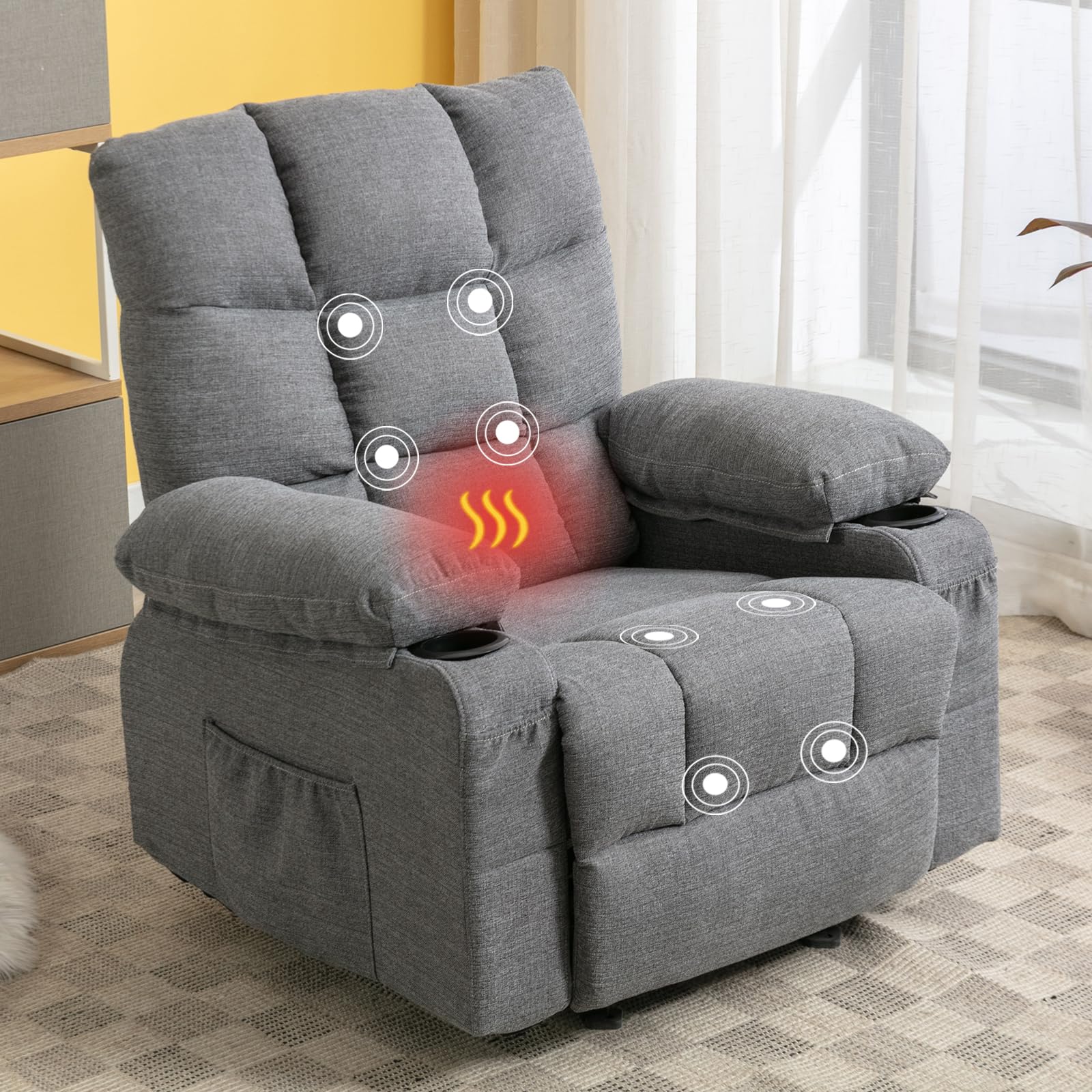 VON RACER Recliner Chair Rocking Chairs for Adults Oversized with 2 Cup Holders, USB Charge Port Soft Features a Manual Massage and Heat