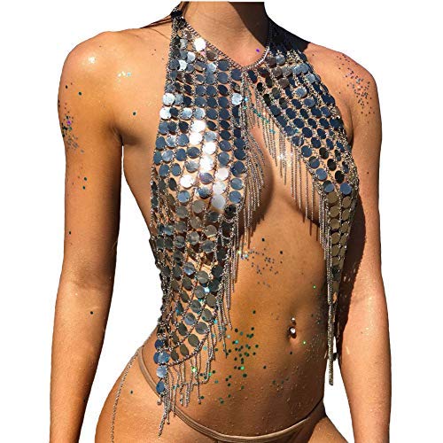 Ytzada Women's Body Belly Chain Silver Bra Jewelry Sexy Necklace Bikini for Beach Party