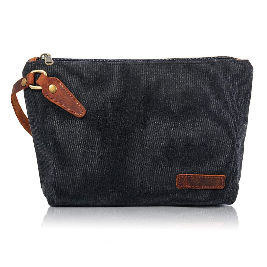 Zeamoco Canvas Wristlet Clutch Bag Large Wallet Pouch Phone Purse Handbag with Leather Strap for Women Men - Black