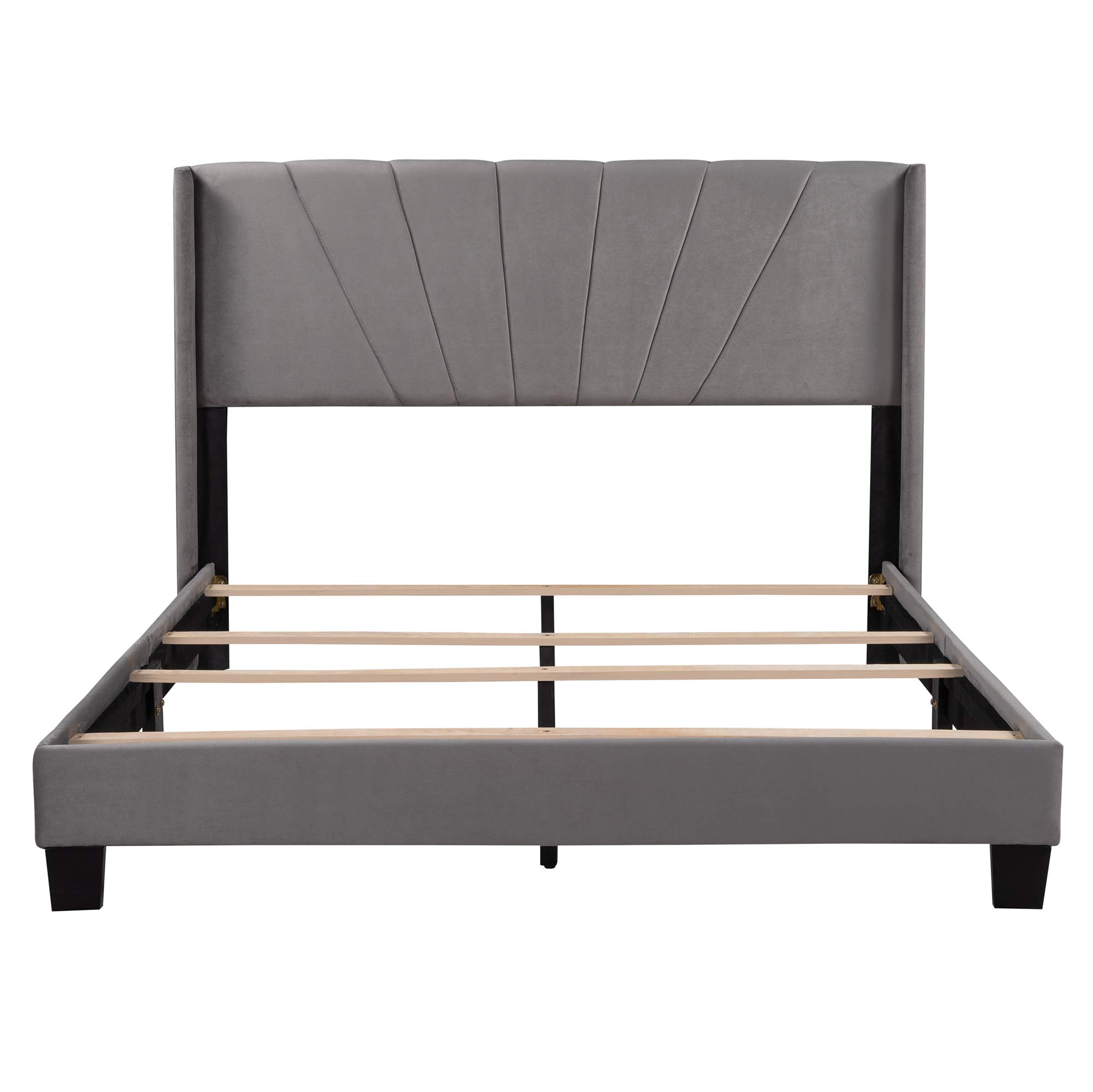 YuiHome Queen Size Platform Bed Frame with Velvet Upholstered Headboard and Wooden Slats Support, Queen Size Bed and Headboard/No Box Spring Needed/Easy Assembly,Gray