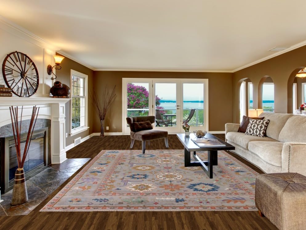 Transitional Collection 9 x 12 Oushak Area Rug, Floral/Geometric Wool Carpet for Home Décor, Living Room, Dining Room, and Bedroom