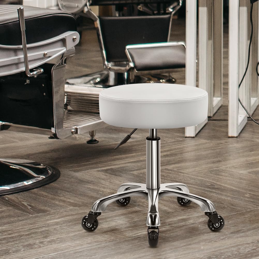 WKWKER Heavy Duty Rolling Stool with Wheels Hydraulic Swivel Adjustable Rolling Stool Ergonomic Thick Leather Seat Stool Chair for Kitchen Drafting Lab Office Salon Message Stool β White