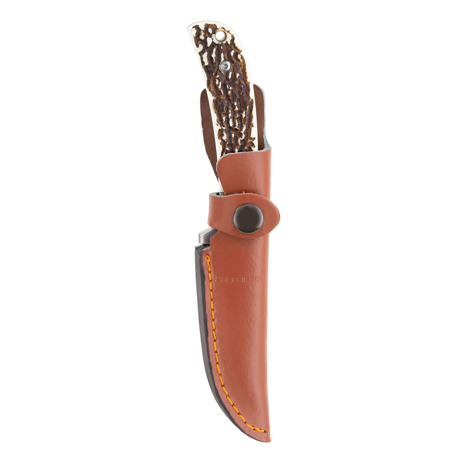 Sheffield 12190 Herod 3.75 Inch Fixed Blade Hunting Knife, 4.5 Inch Injection Stag Handle, 420 SS Drop Point Blade, Full Tang Survival Knife