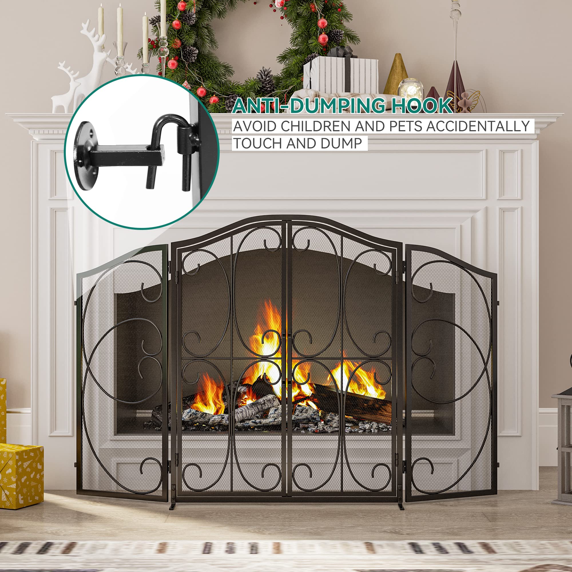 YITAHOME Fireplace Screen with Doors for Wood Burning Fireplace,43x33in Heavy Duty Wrought Iron Bronze Fireplace Screens Decorative Spark Guard Safety Protector Fireguard Panel for The Living Room