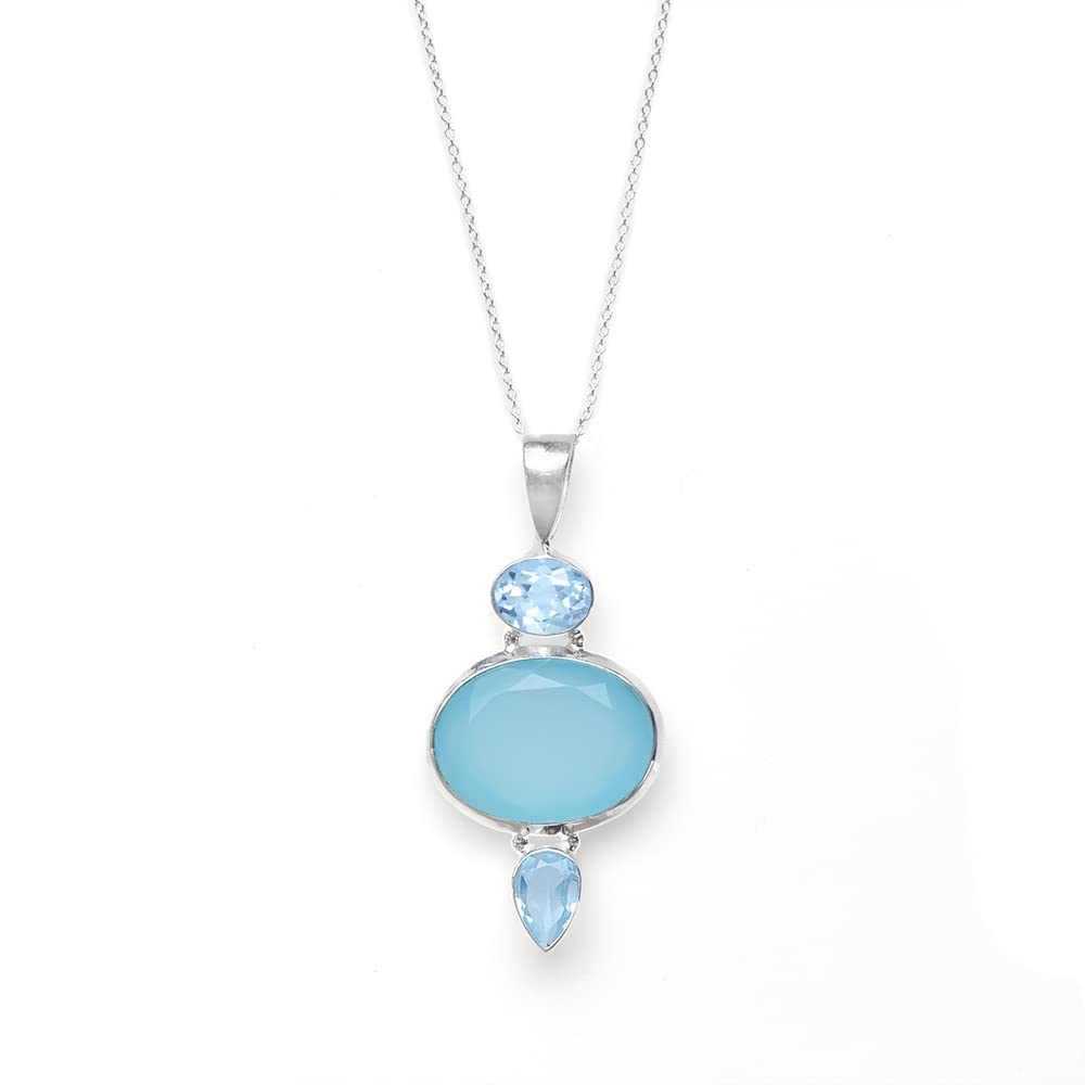 YoTreasure Blue Topaz & Chalcedony Crystal Necklace .925 Sterling Silver Chain Pendant