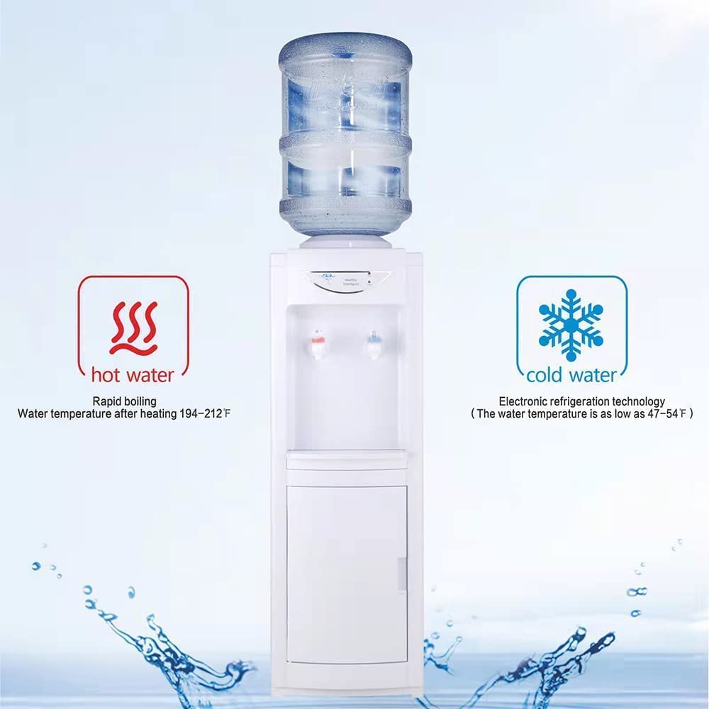 Top Loading Water Cooler Dispenser, Hot & Cold Water Cooler Dispenser with Child Safety Lock & Storage Cabinet for Homes, Kitchens, Offices, Dorms Use, Holds 3 or 5 Gallon Bottles, White
